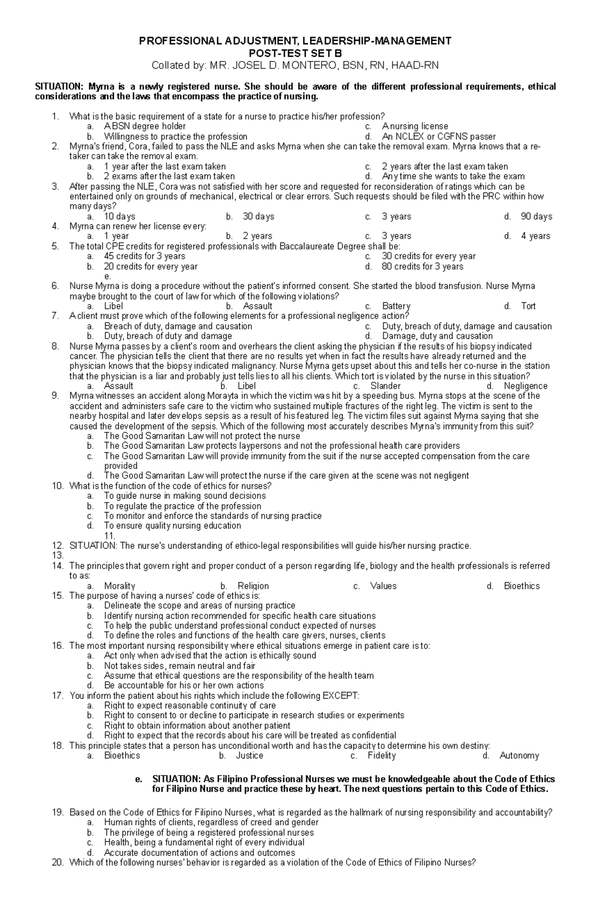 Palmer PNLE Practice Exam Questions: Professional Adjustment, Set B ...