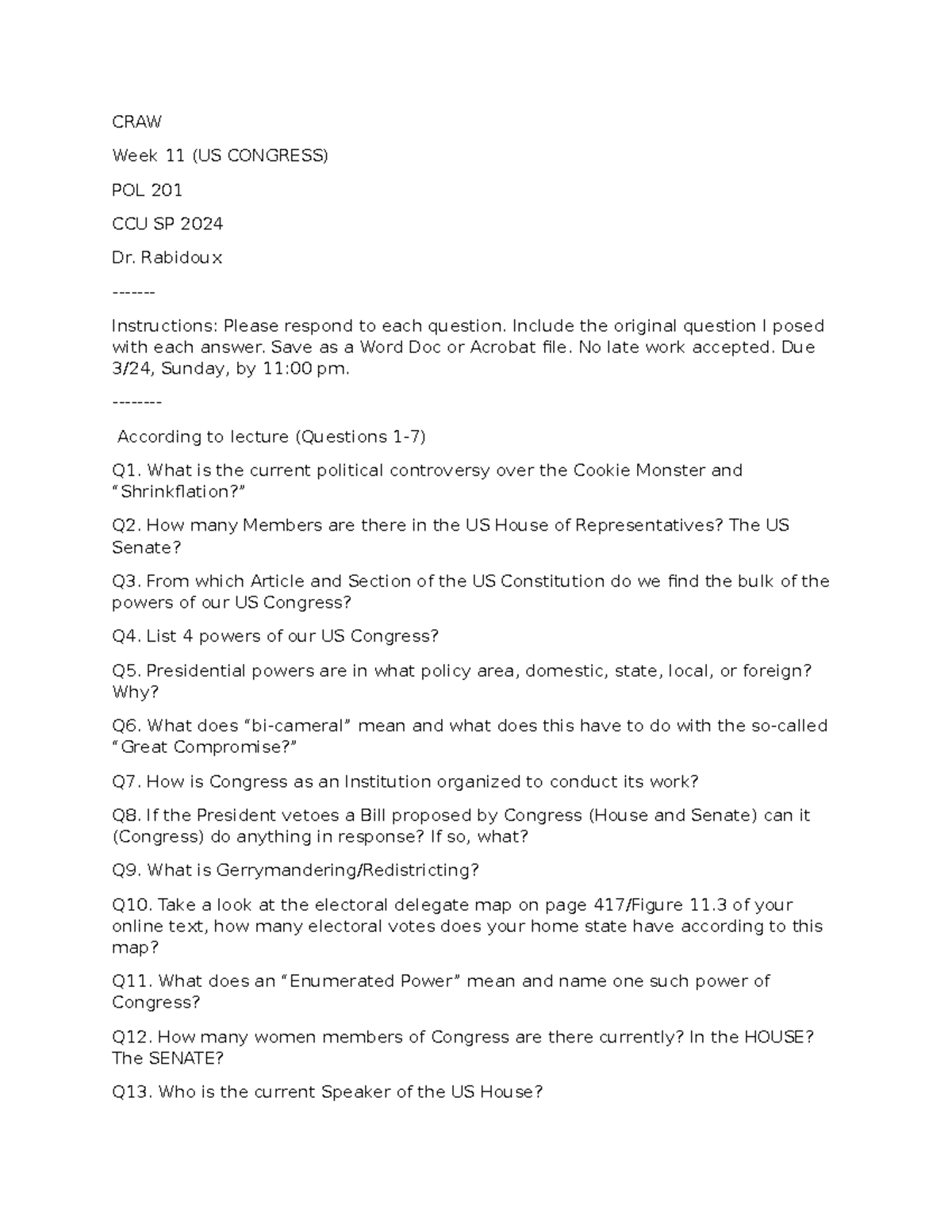 CRAW US Congress - Writing an essay is included. - CRAW Week 11 (US ...