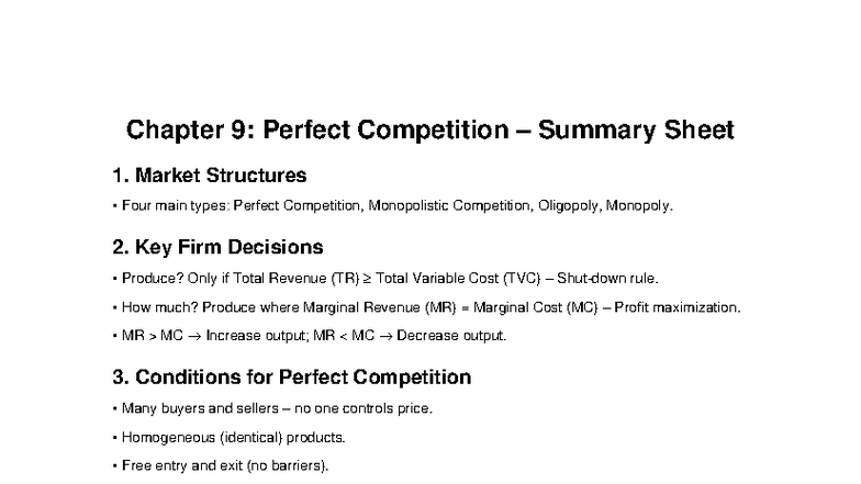 Chapter 9: Perfect Competition Summary Sheet (Econ 101) - Studocu