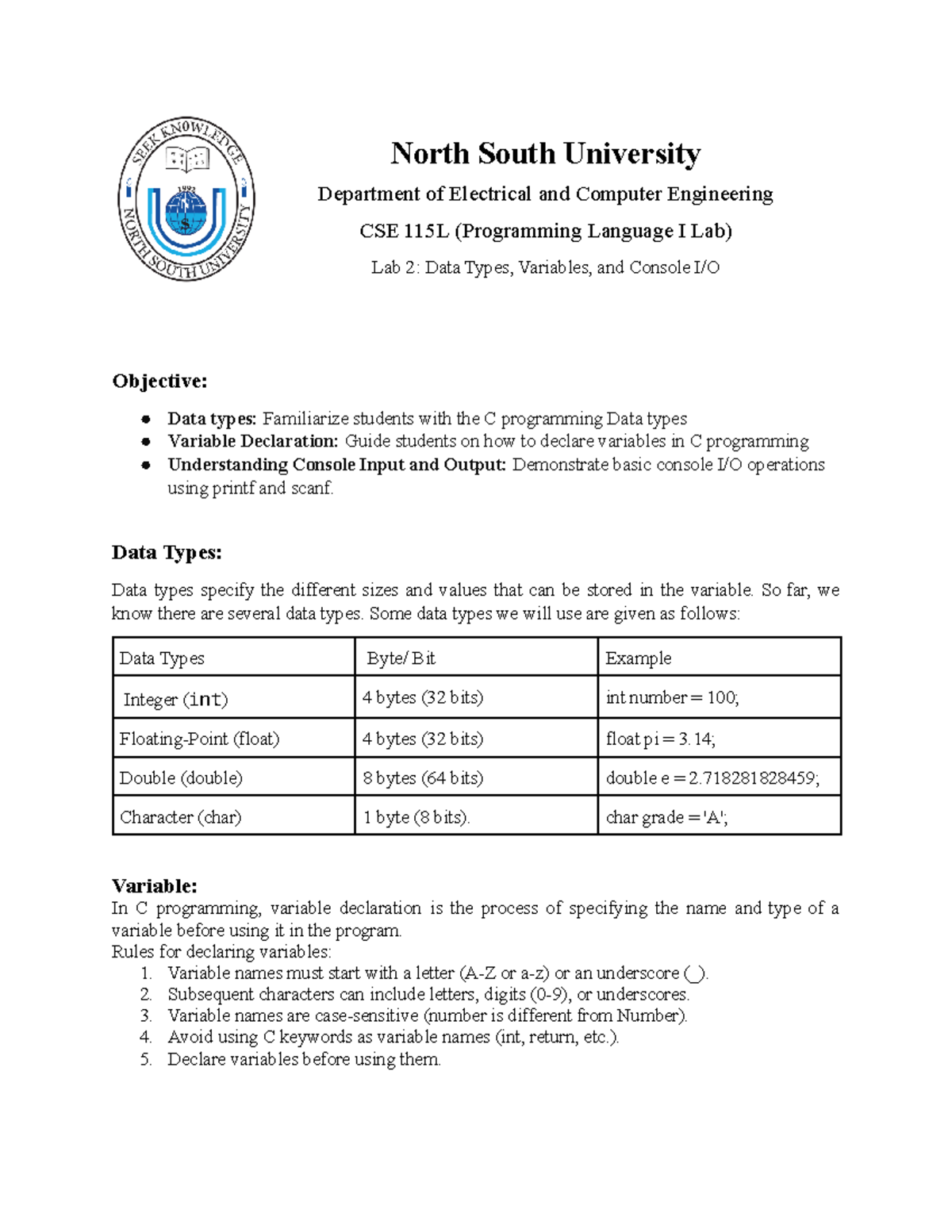 CSE 115L Lab 2: Data Types, Variables, and Console I/O Guide - Studocu