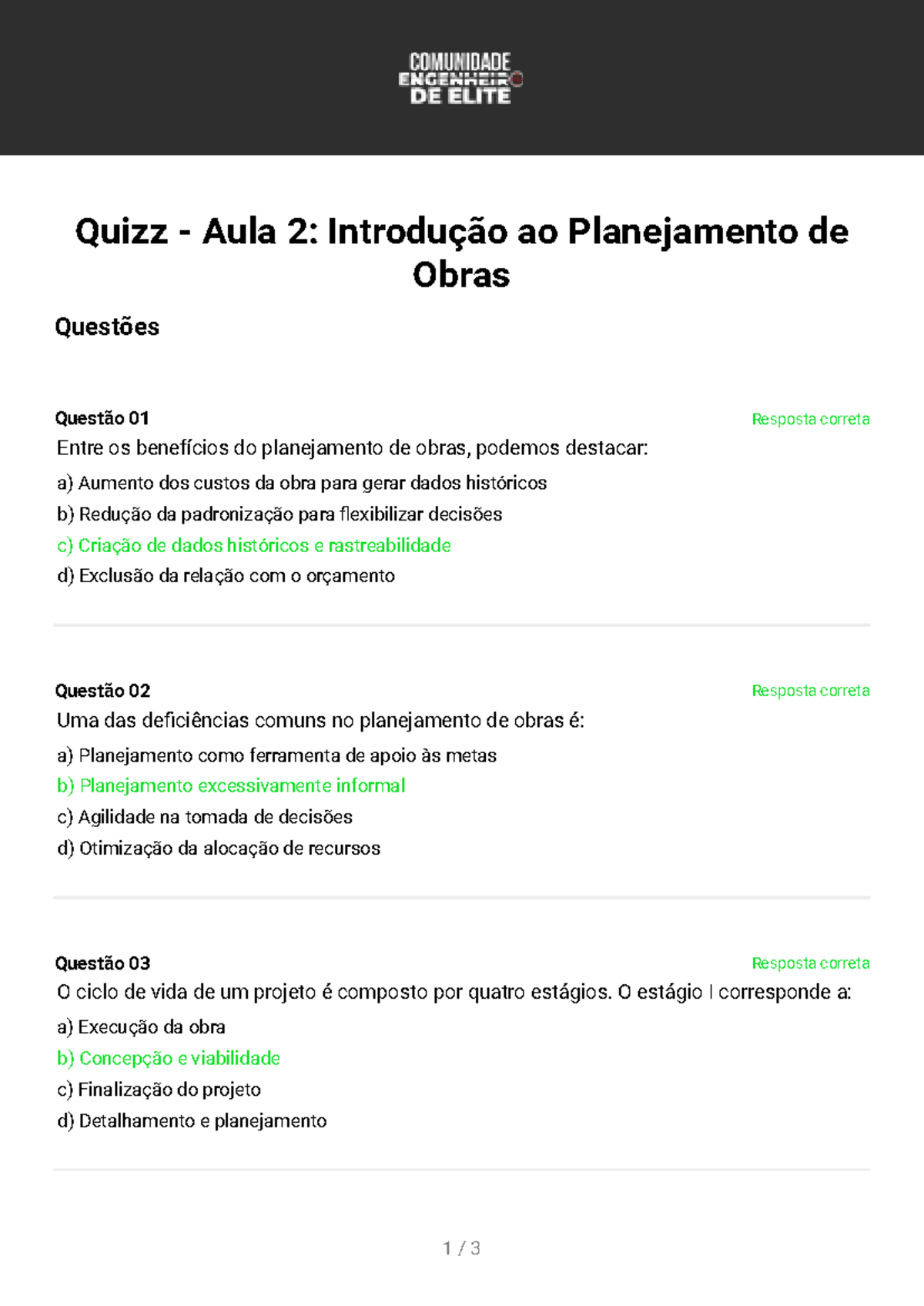 Quiz - Aula 2: Introdução ao Planejamento de Obras - Questões e ...