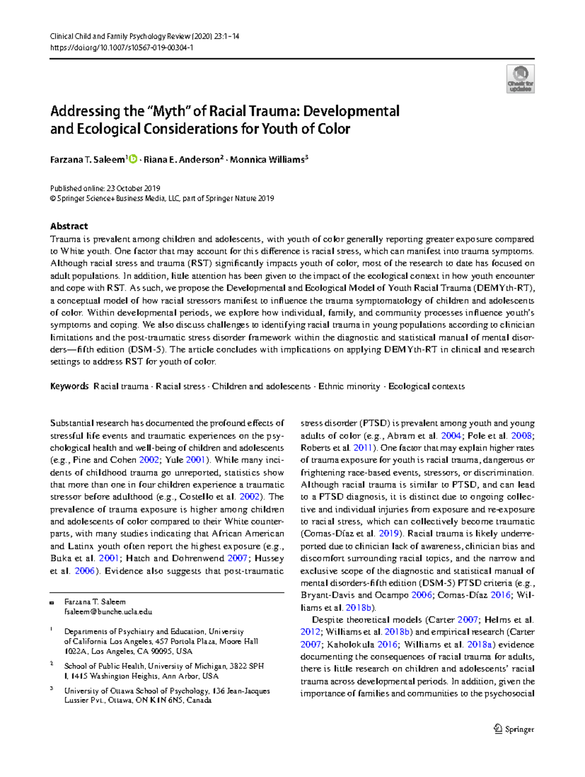 Addressing Racial Trauma: Ecological Insights for Youth of Color - Studocu