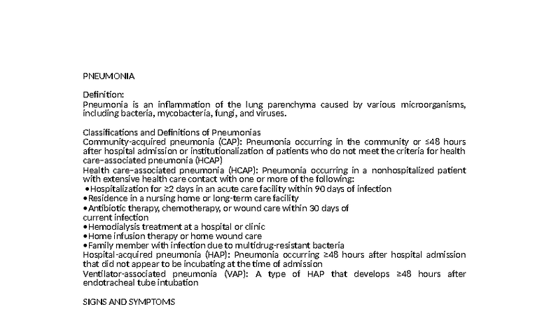 PNEUMONIA: Definitions, Symptoms, and Management Notes - Studocu