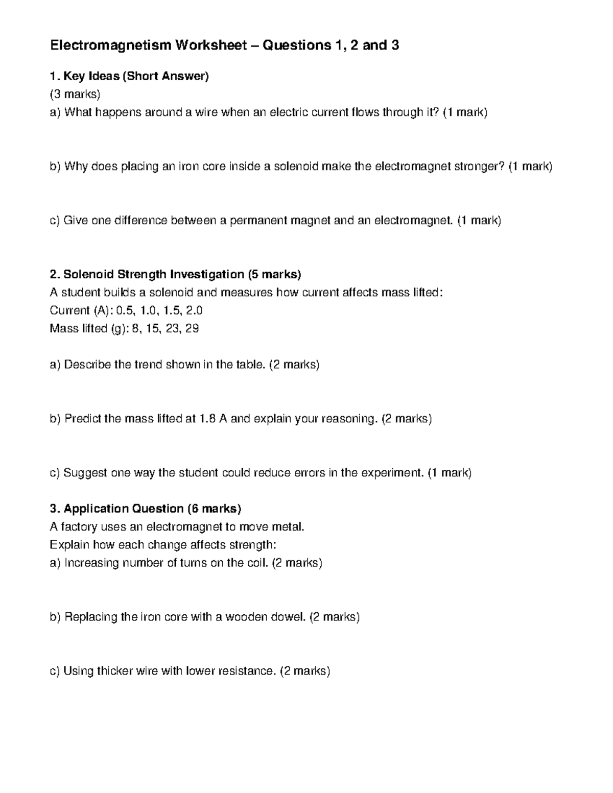 Electromagnetism Worksheet: Key Questions & Investigations - Studocu