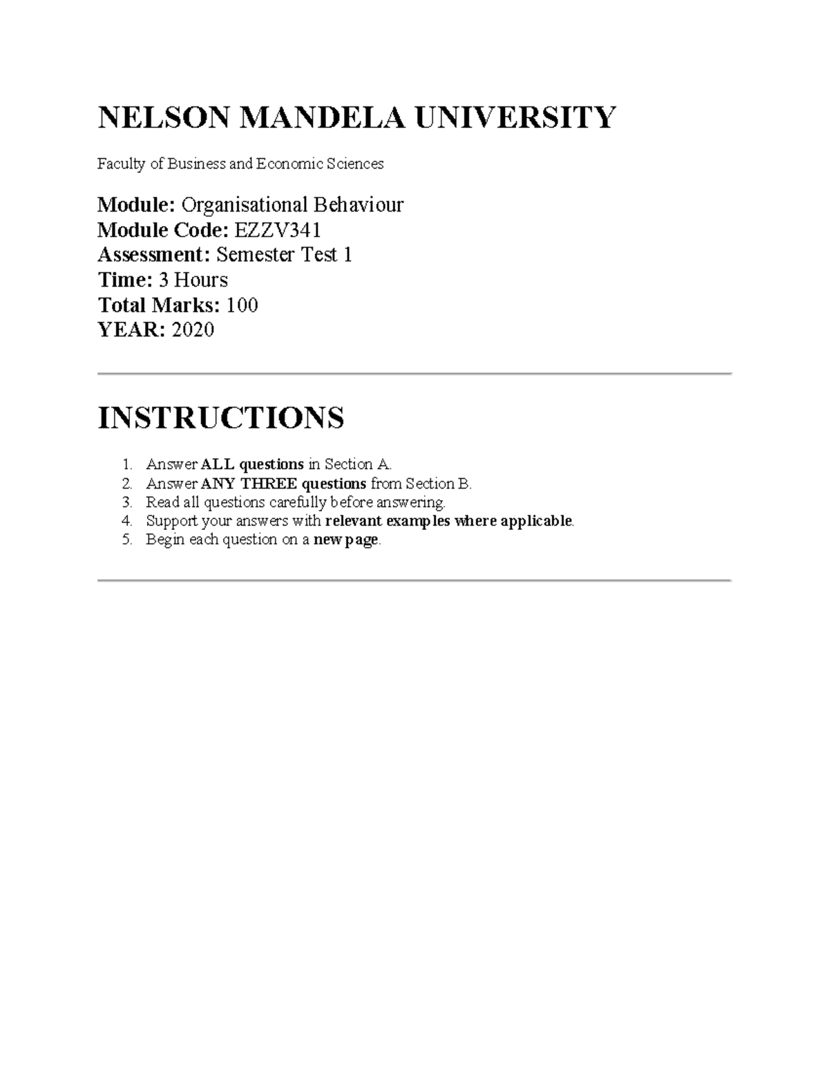 EZZV341: Organisational Behaviour Semester Test 1 Prep Guide - Studocu