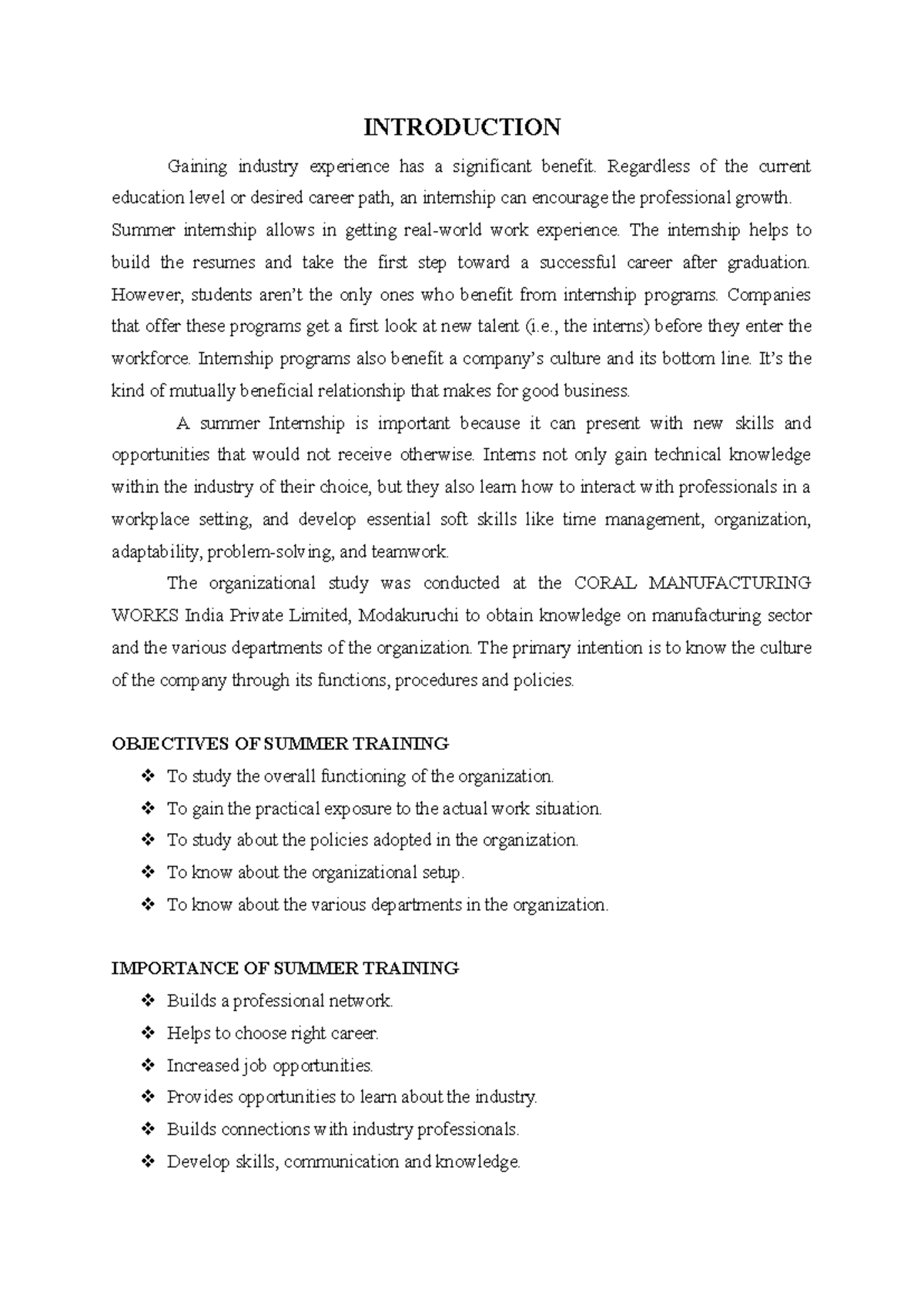 Summer Internship Report: Insights from Coral Manufacturing Works - Studocu