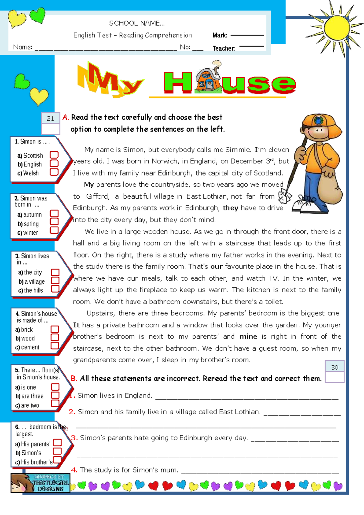 SCHOOL English Test: Reading Comprehension Practice - Studocu