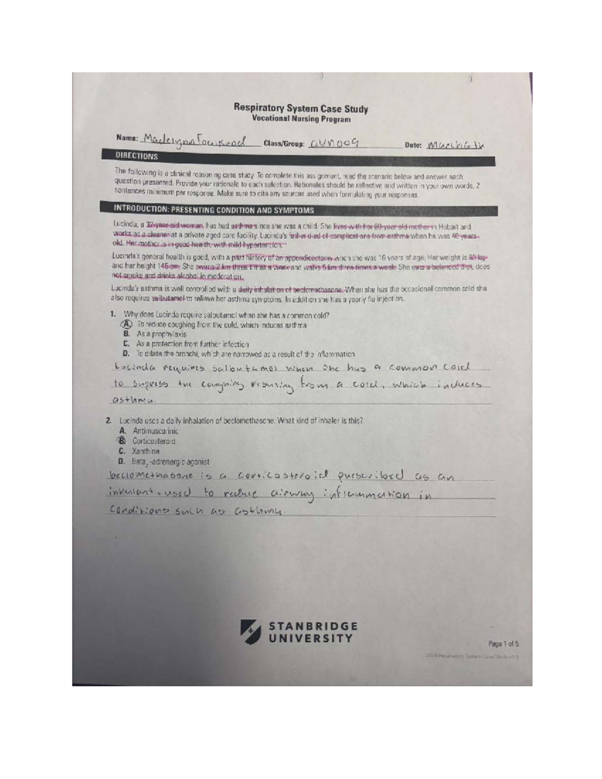 Respiratory system case study for vocational nursing program (avn004 ...