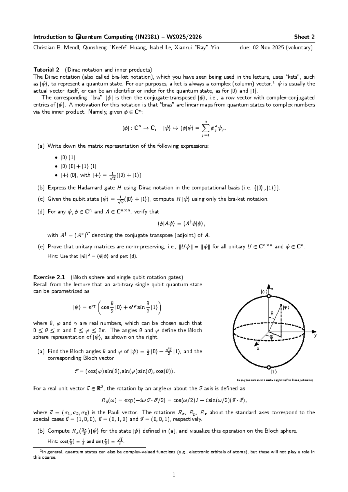 Quantum Computing (IN2381) Tutorial 2: Dirac Notation & Inner Products ...