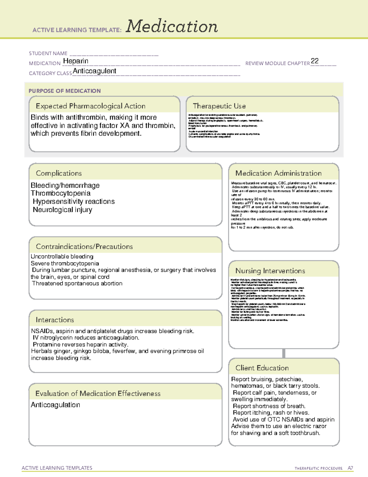 Heparin Medication Overview: Active Learning Template A - Studocu