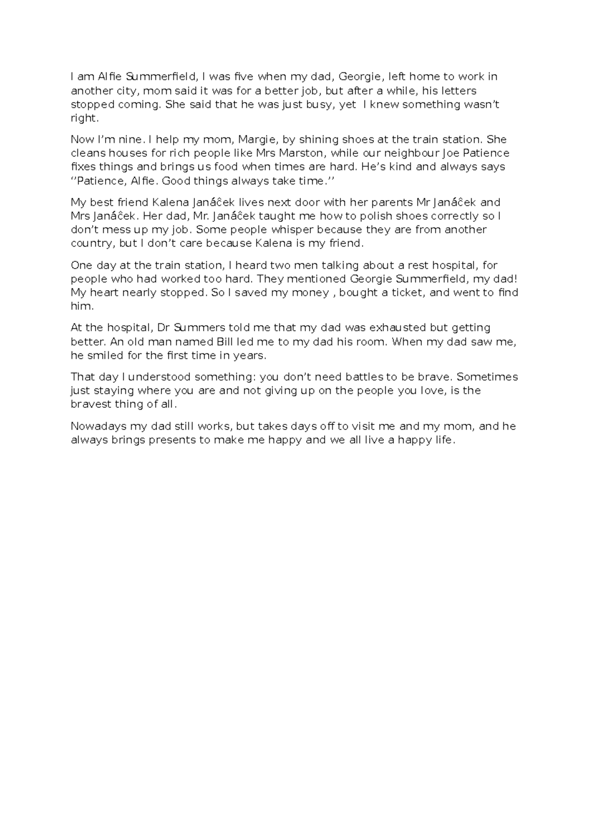 English Essay Notes: Alfie Summerfield's Journey - Studeersnel