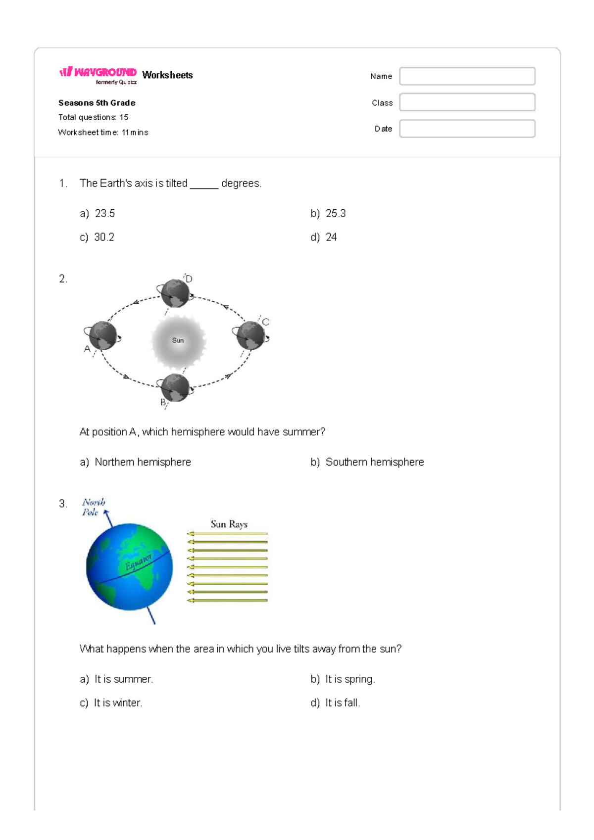 5th Grade Seasons Worksheet: Understanding Earth's Seasons - Studocu