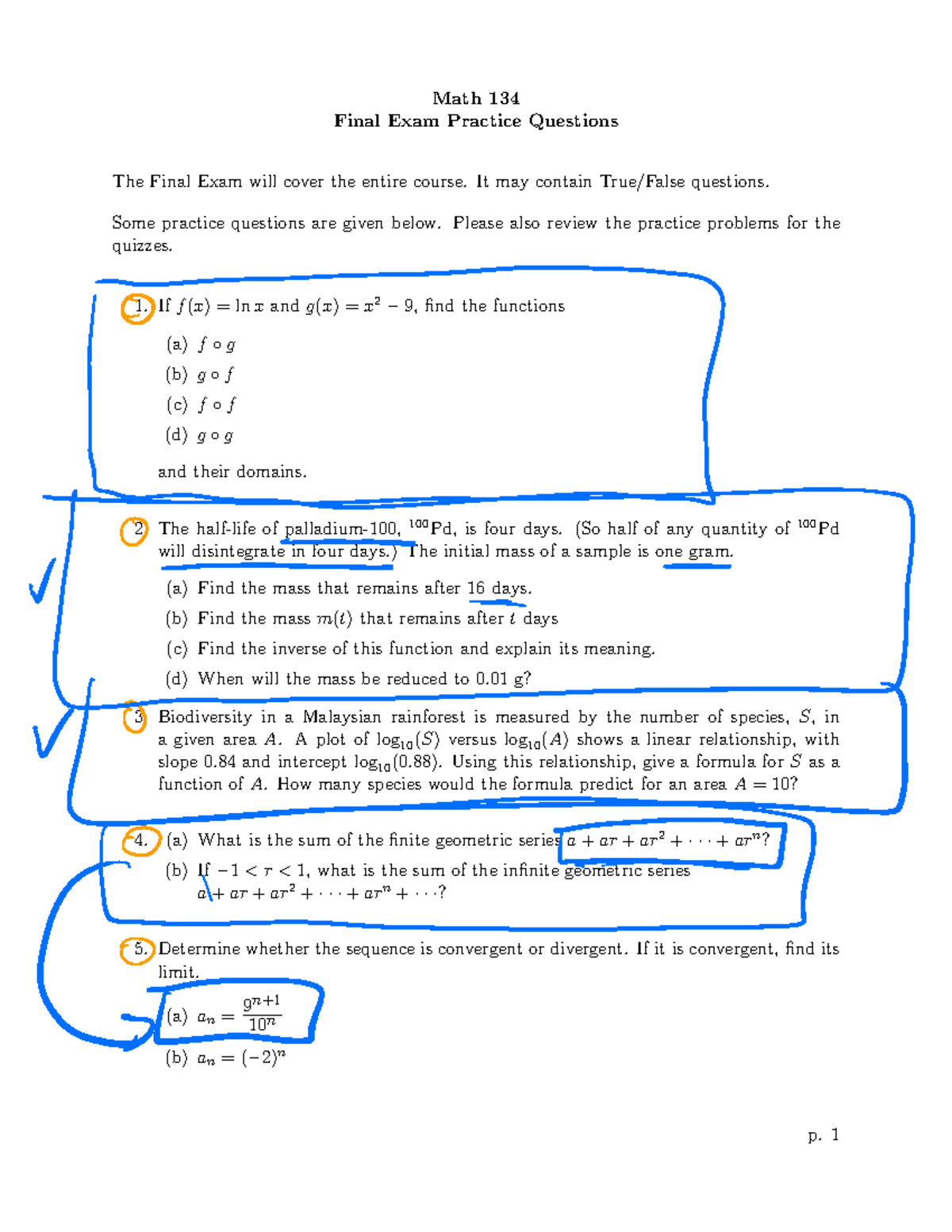 Math 134 Final Exam Practice Questions and Review Problems - Studocu
