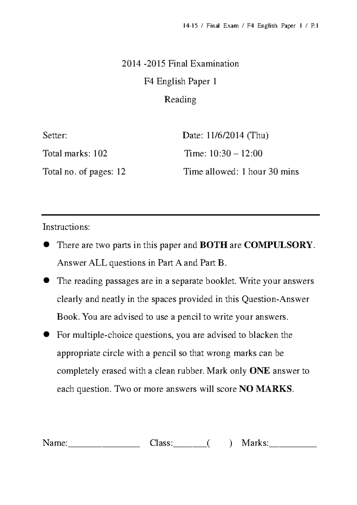 F4 Final Exam English Paper 1 Q&A - 2014 Assessment Guide - Studocu