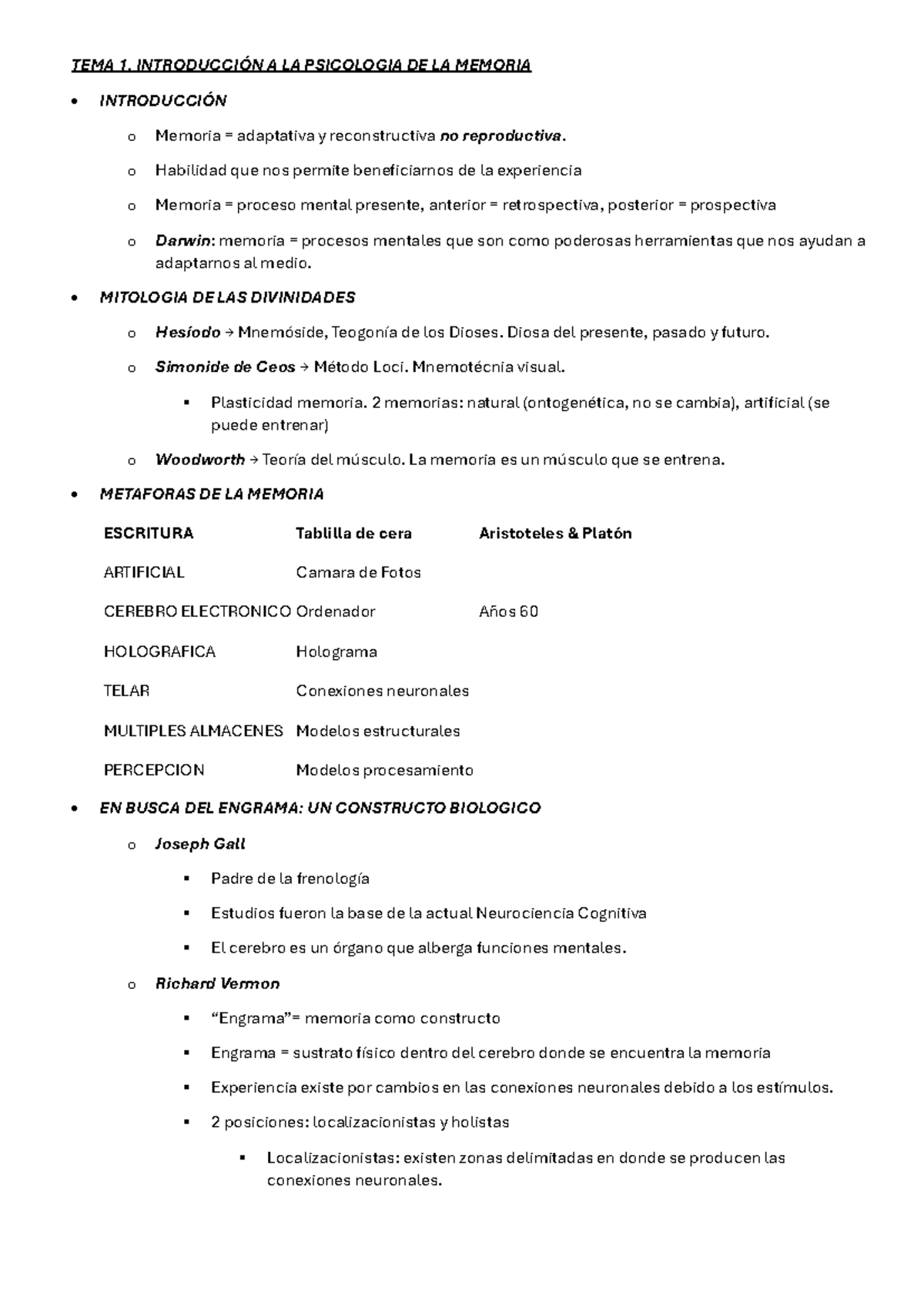 Tema 1 resumen memoria - Esquema tema 1 - TEMA 1. INTRODUCCIÓN A LA PSICOLOGIA DE LA MEMORIA ...