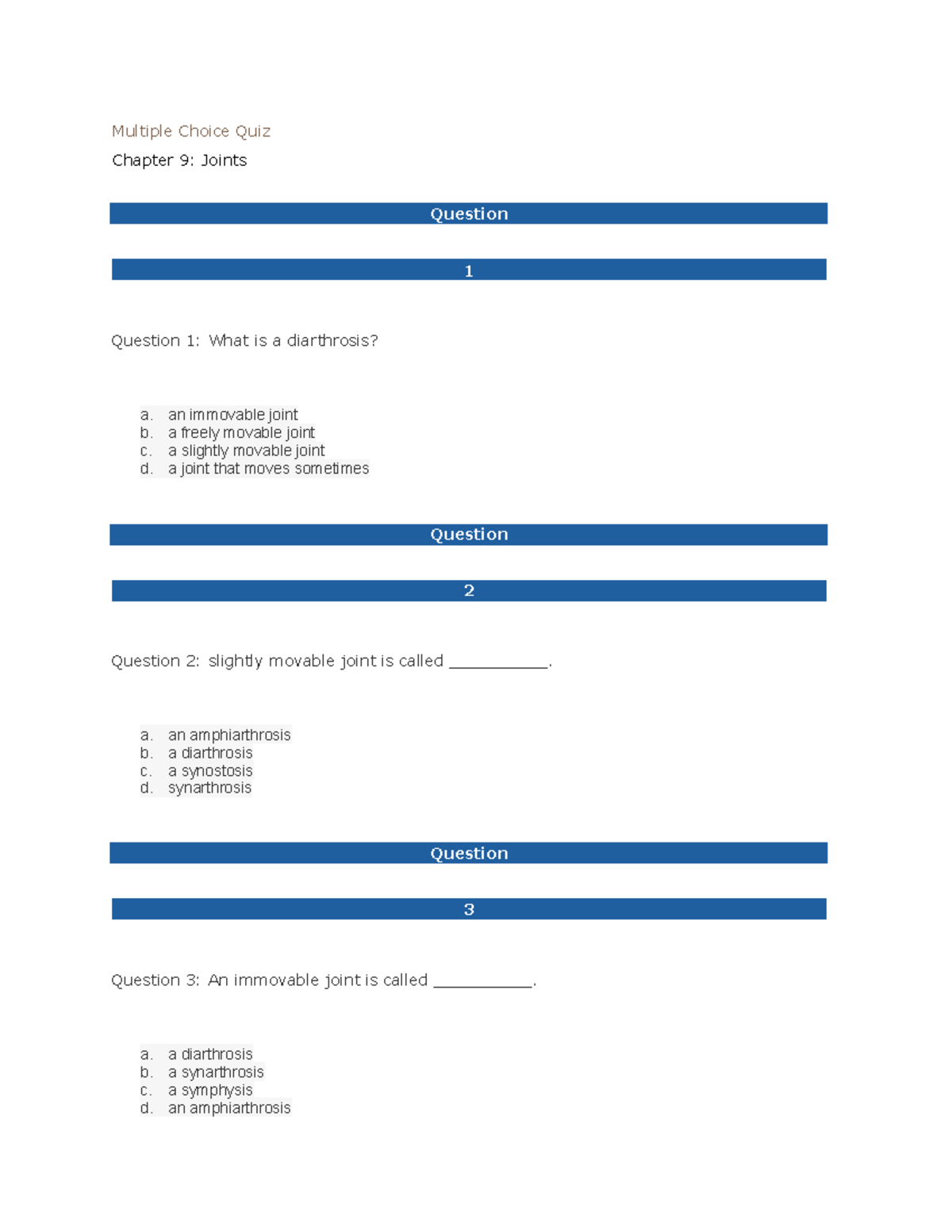 Quiz on Joints: MCQs from Chapter 9 (Ch. 9 Quiz 939393) - Studocu
