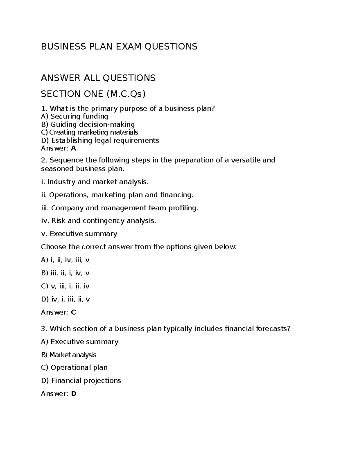 Business Plan Exam - Comprehensive BP Exam Questions and Answers - Studocu
