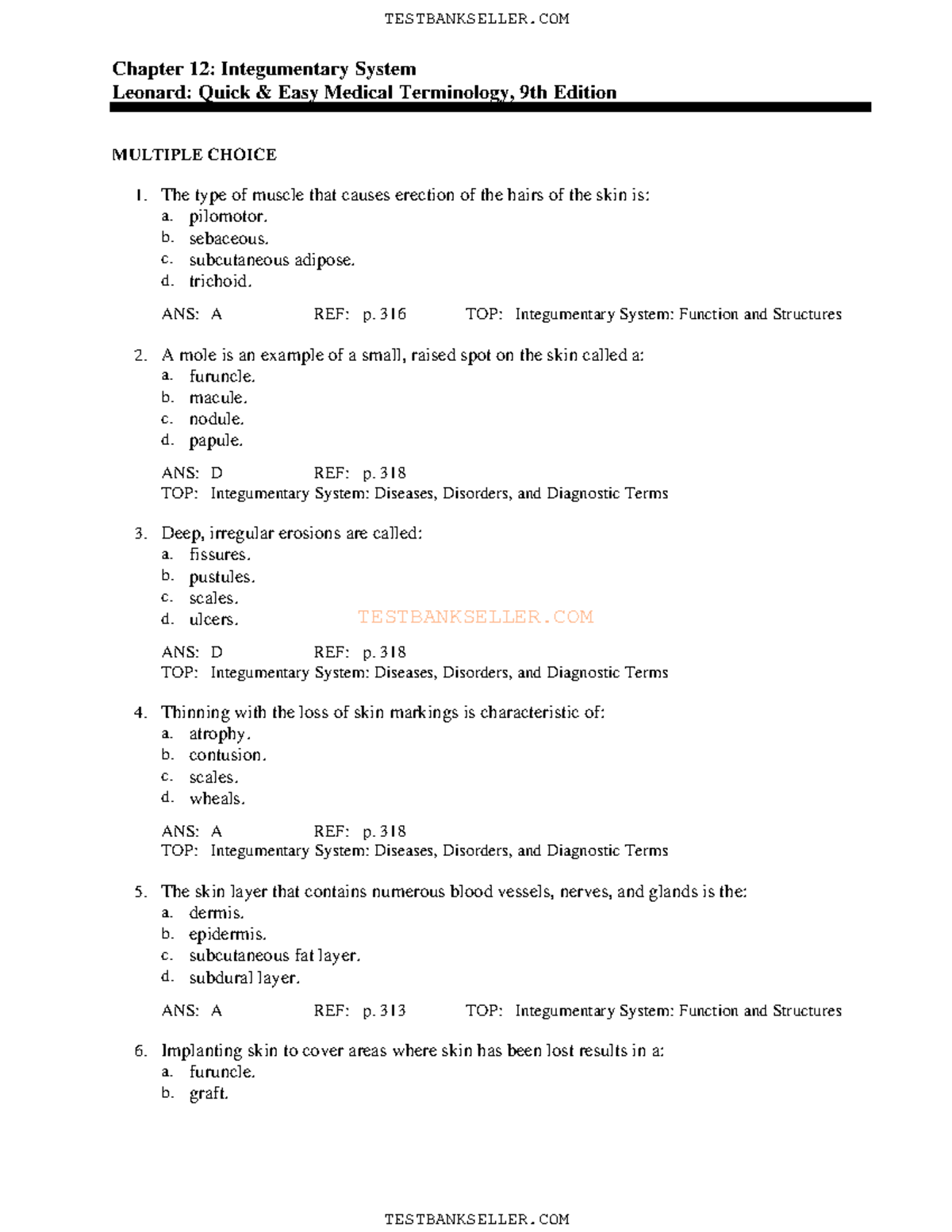 Integumentary System: MCQs from Medical Terminology (Chapter 12) - Studocu