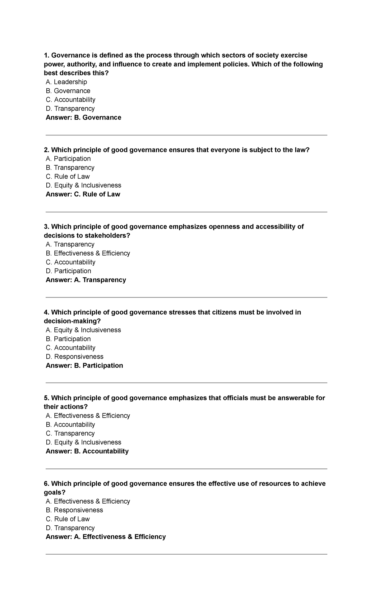 GOV. BUS. Ethics Practice TEST: Principles of Good Governance - Studocu