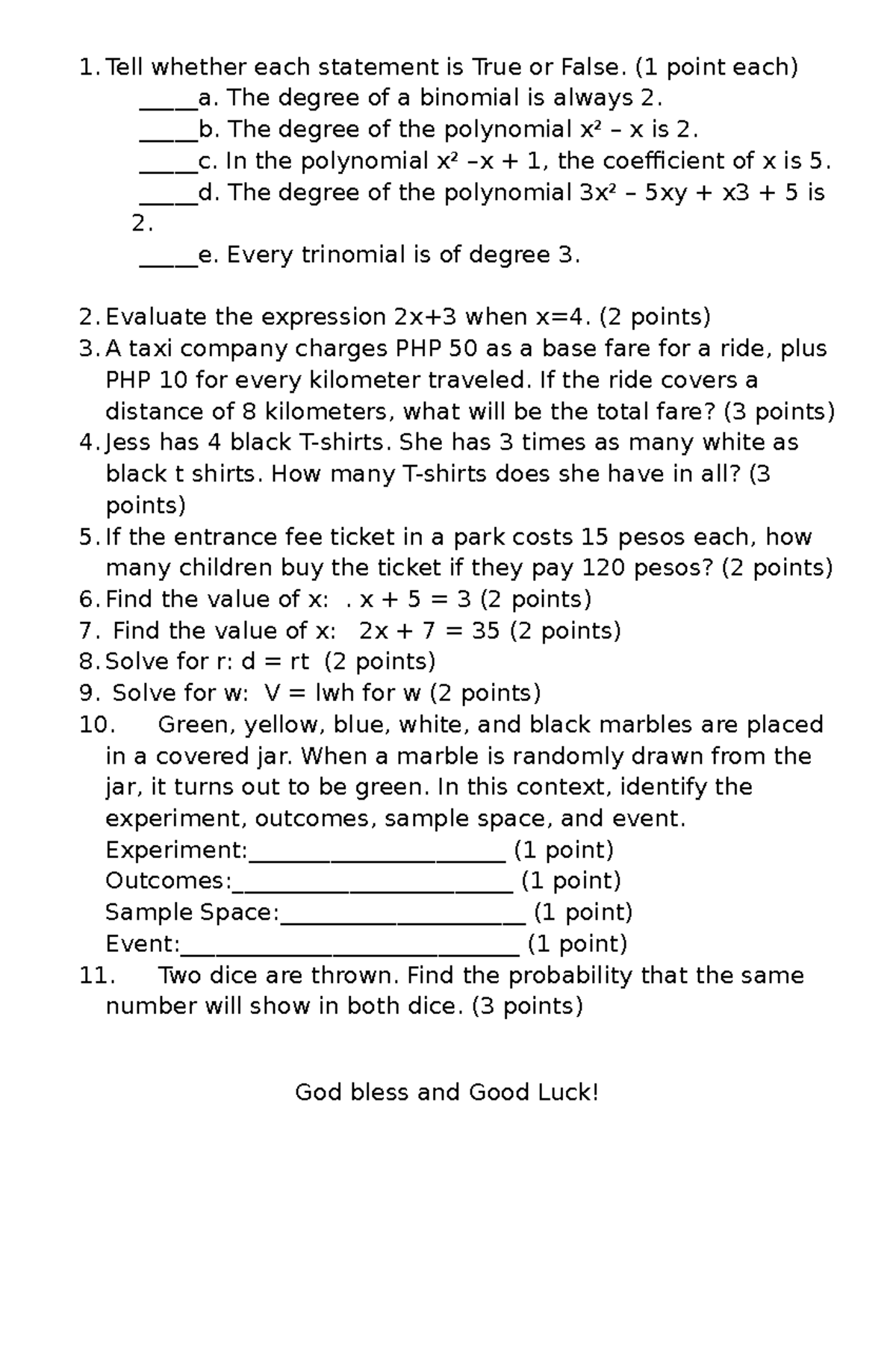 Math 7 long quiz - math 7 - Tell whether each statement is True or ...