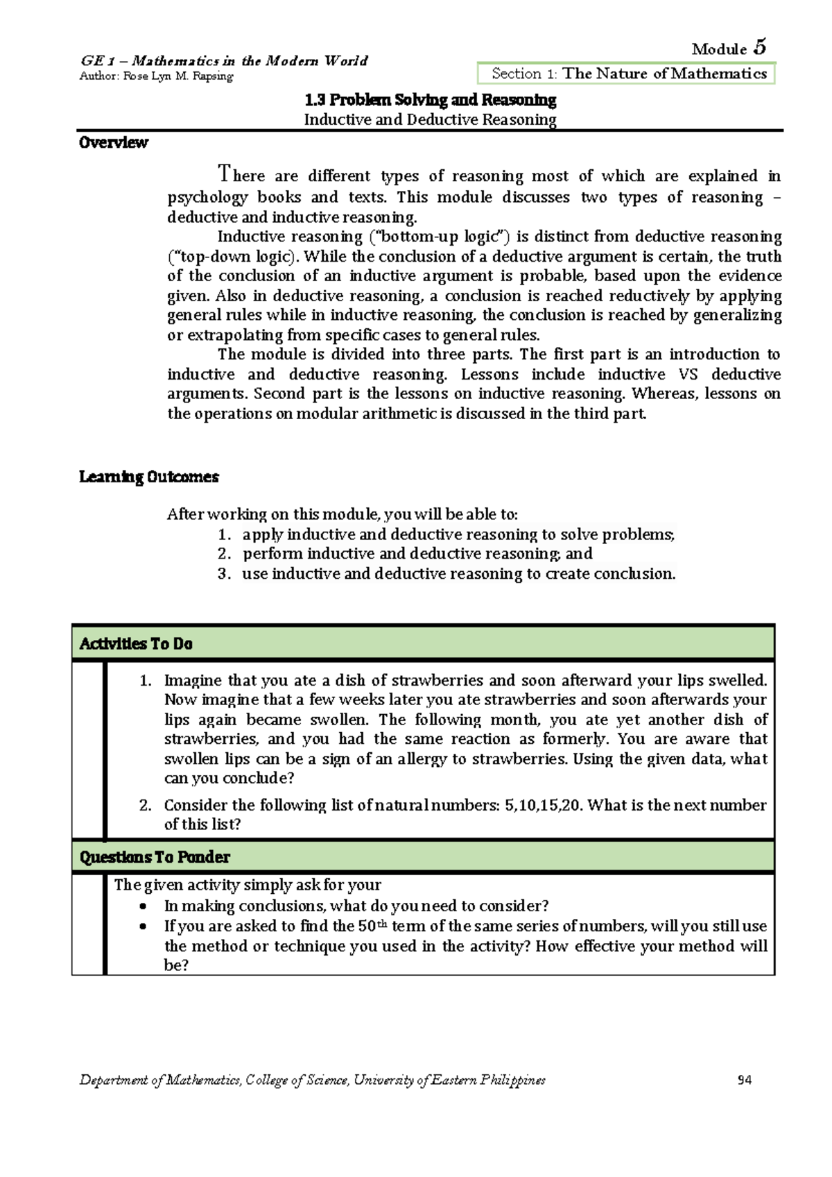 Mathematicsmw-mod-5 - GE 1 – Mathematics in the Modern World Author ...