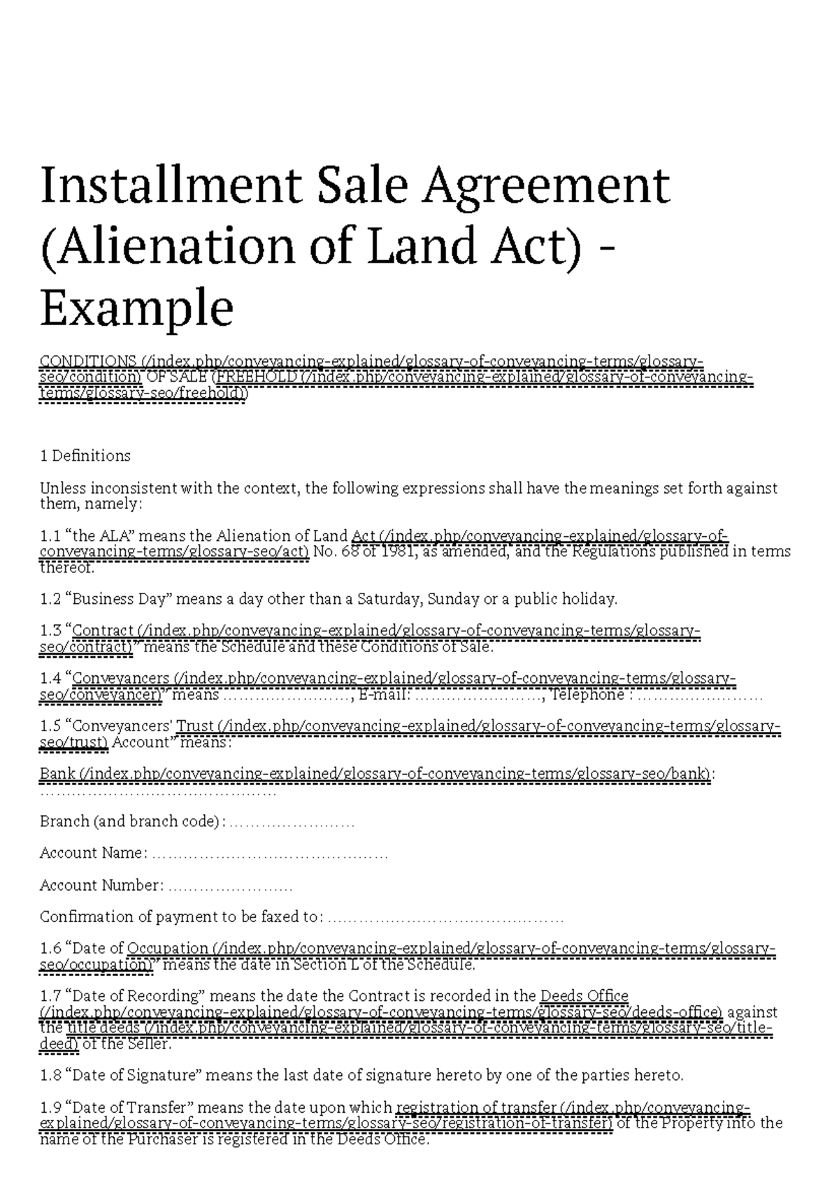Example Installment Sale Agreement under Alienation of Land Act - Studocu