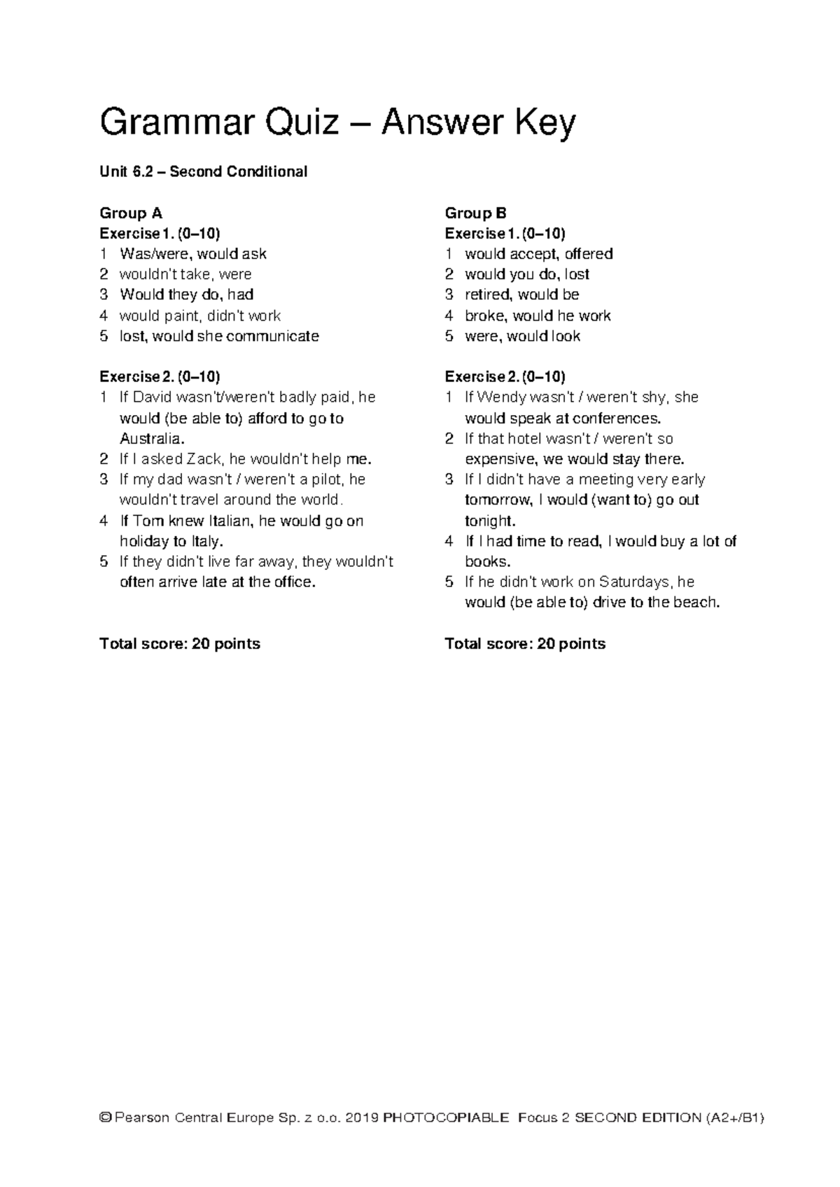 Grammar Quiz Answer Key: Unit 6.2 Second Conditional (Group A & B ...