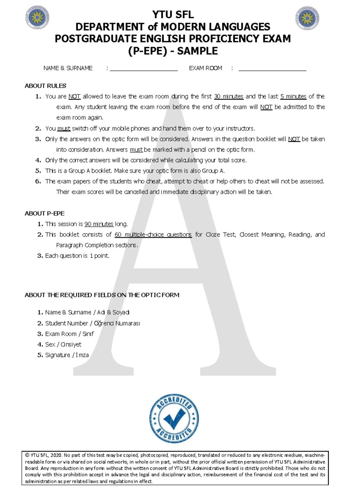 YTU SFL DML Postgraduate English Proficiency Exam Sample Questions ...