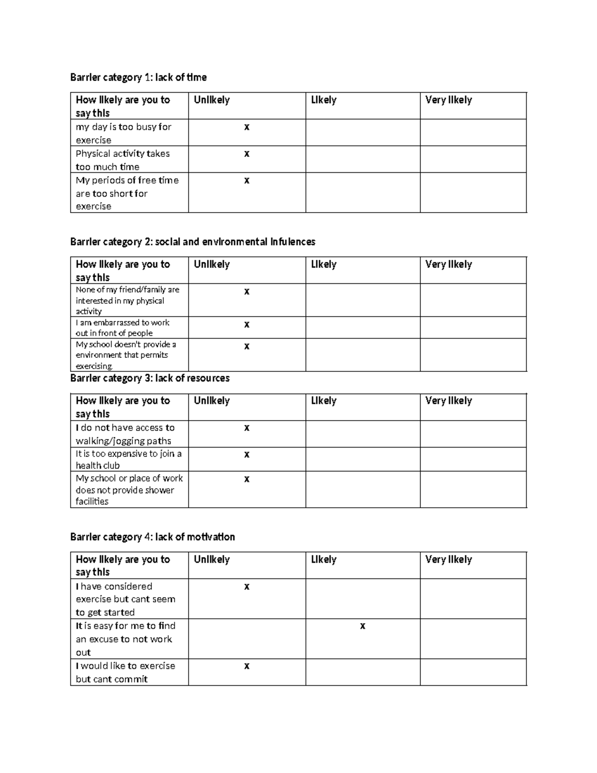 Week 3 1 - For a life fitness class - Barrier category 1: lack of time ...