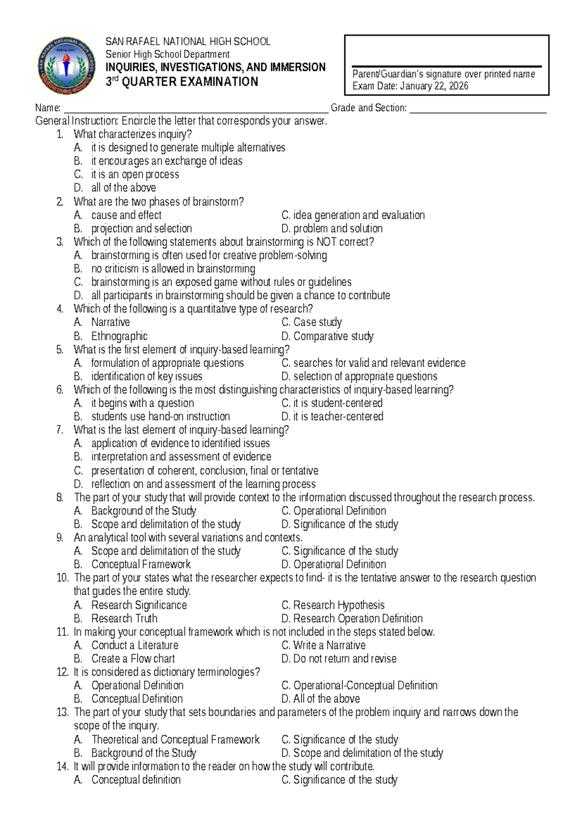 SAN RAFAEL NATIONAL HIGH SCHOOL Senior High School 3rd Qtr Exam in ...