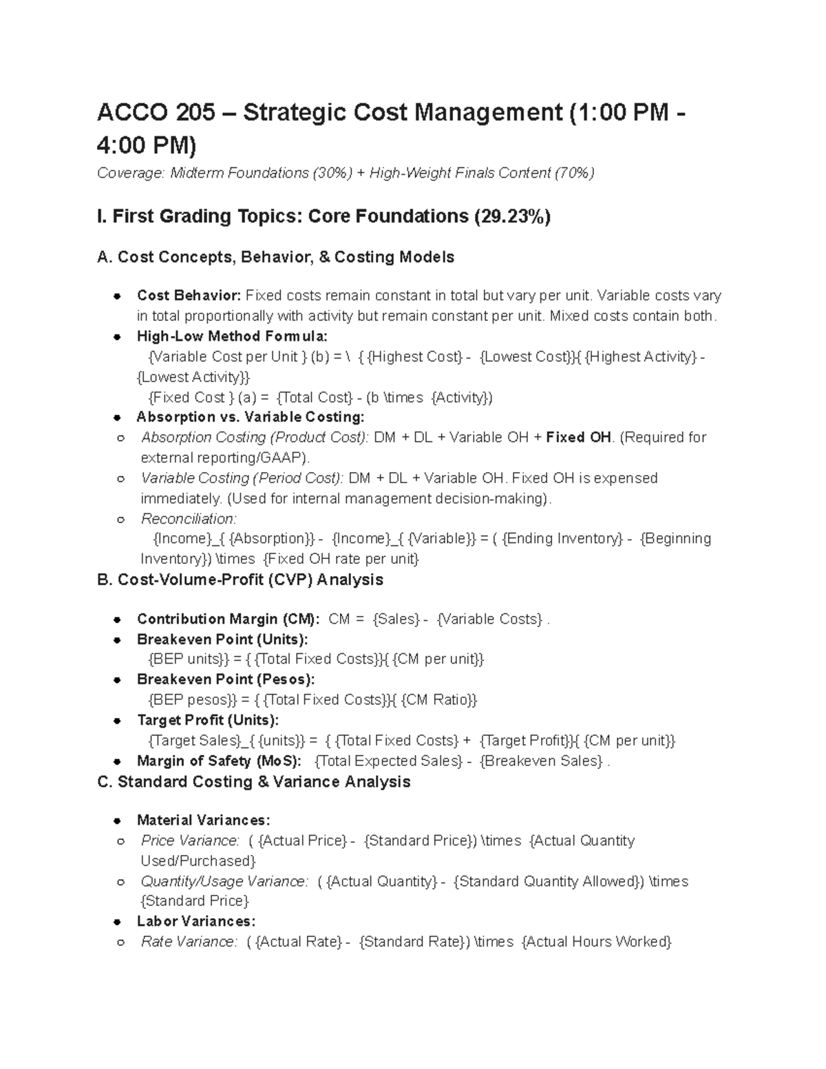 ACCO 205 Strategic Cost Management Midterm Exam Review Notes - Studocu