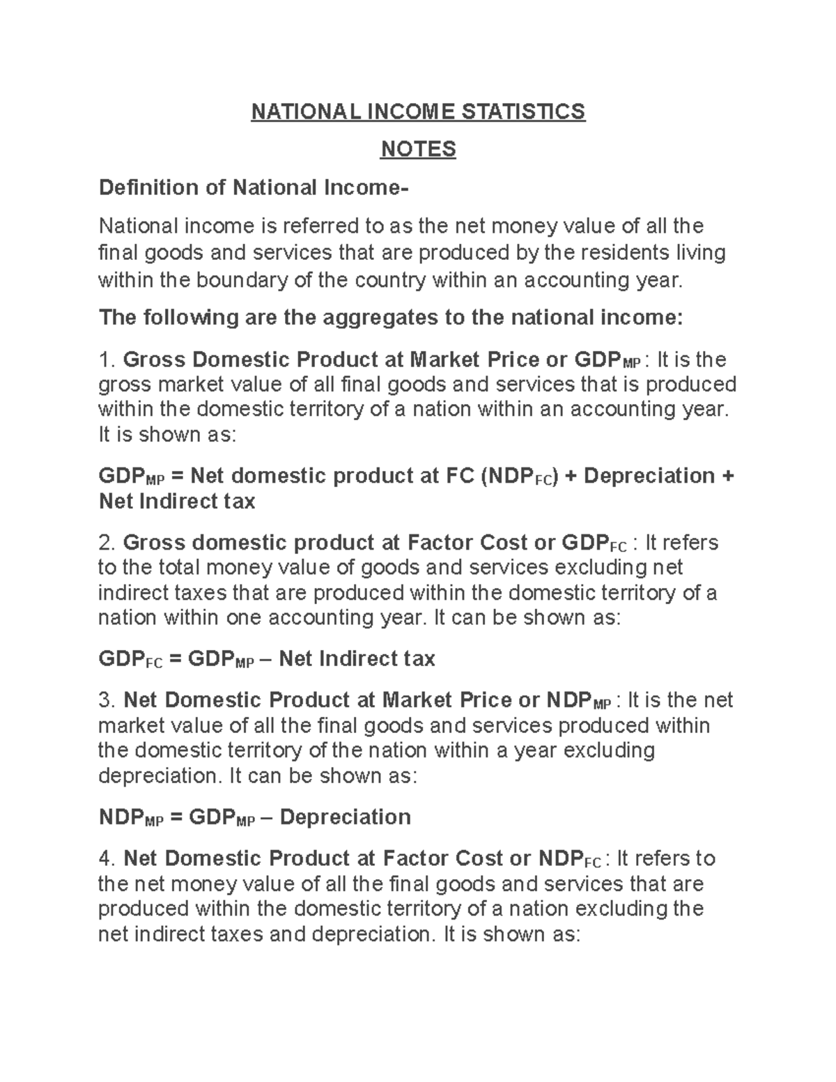 National Income Notes: Key Concepts and Definitions - Studocu