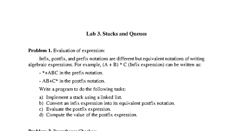Lab 3: Stacks, Queues & Expression Evaluation Techniques - Studocu
