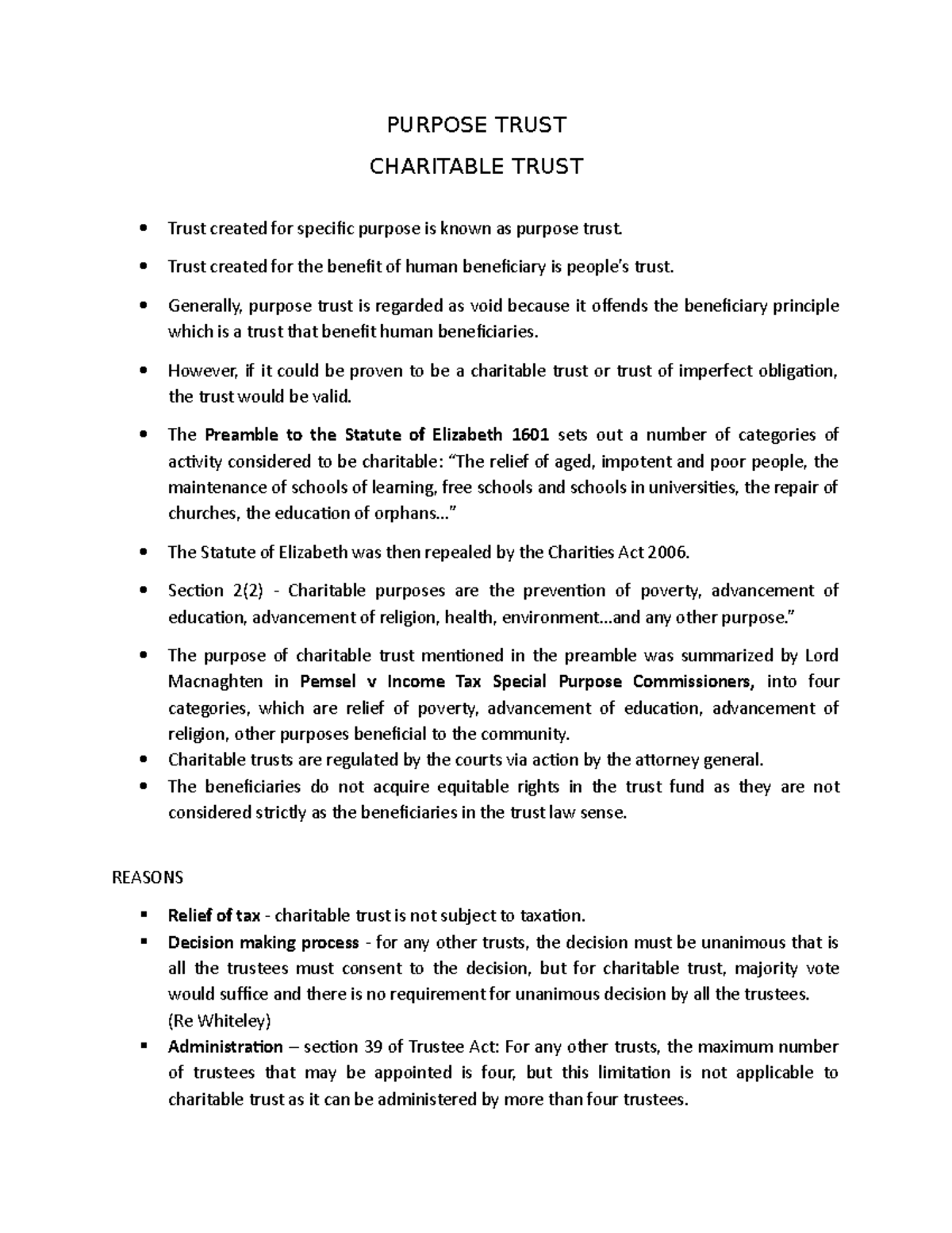 Charitable Trusts: Purpose, Benefits, and Legal Considerations - Studocu