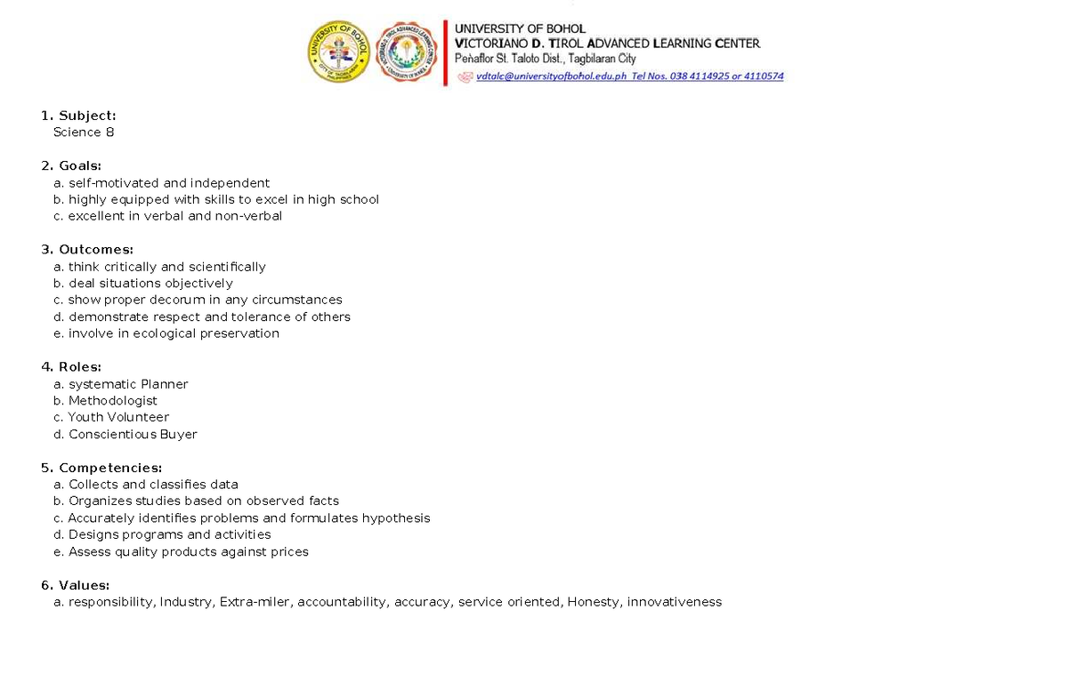 Grade 8 Science Syllabus: First Quarter Overview and Learning Goals ...