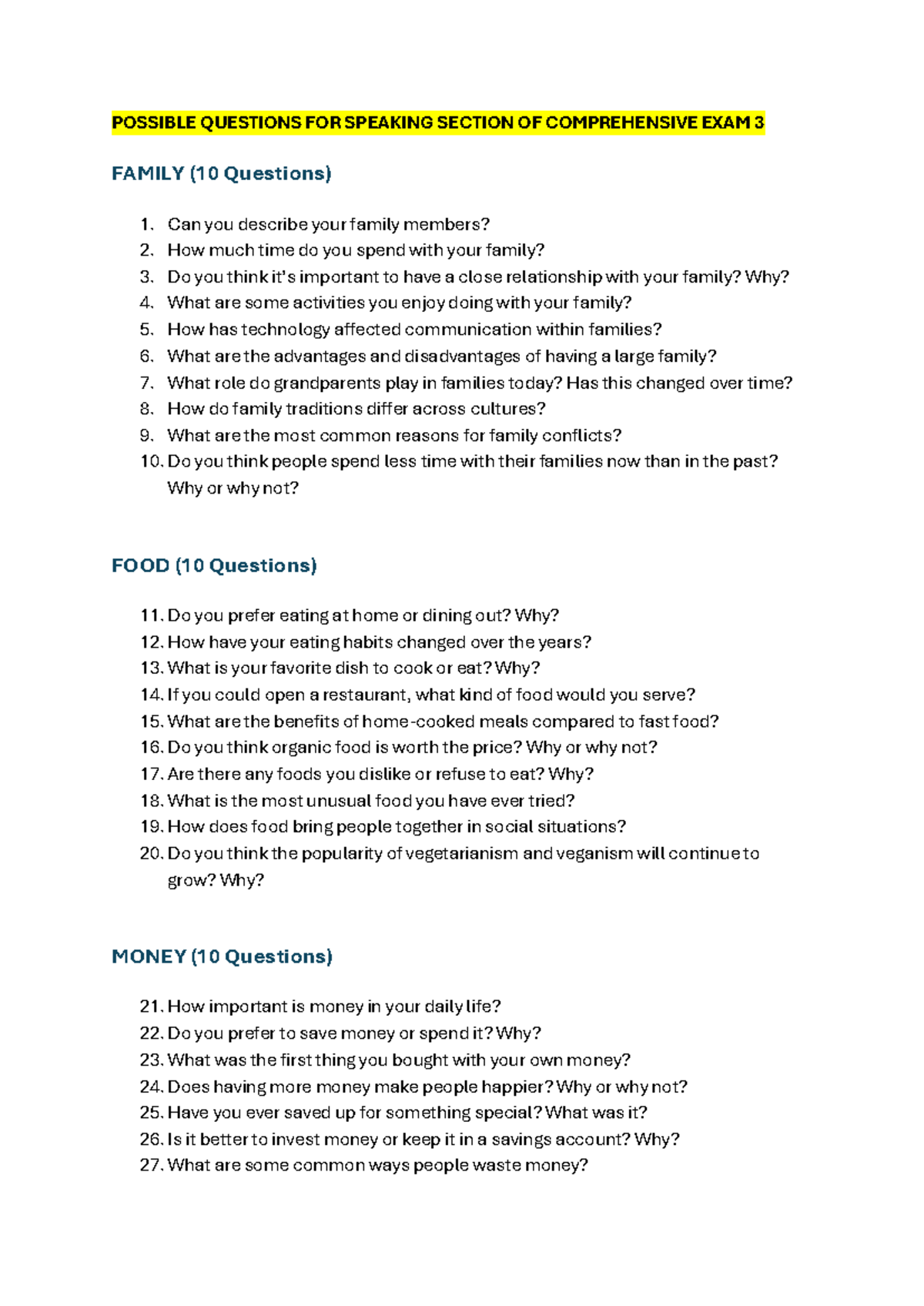 Sample Questions for Comp3 Exam - Speaking Section Guide - Studocu