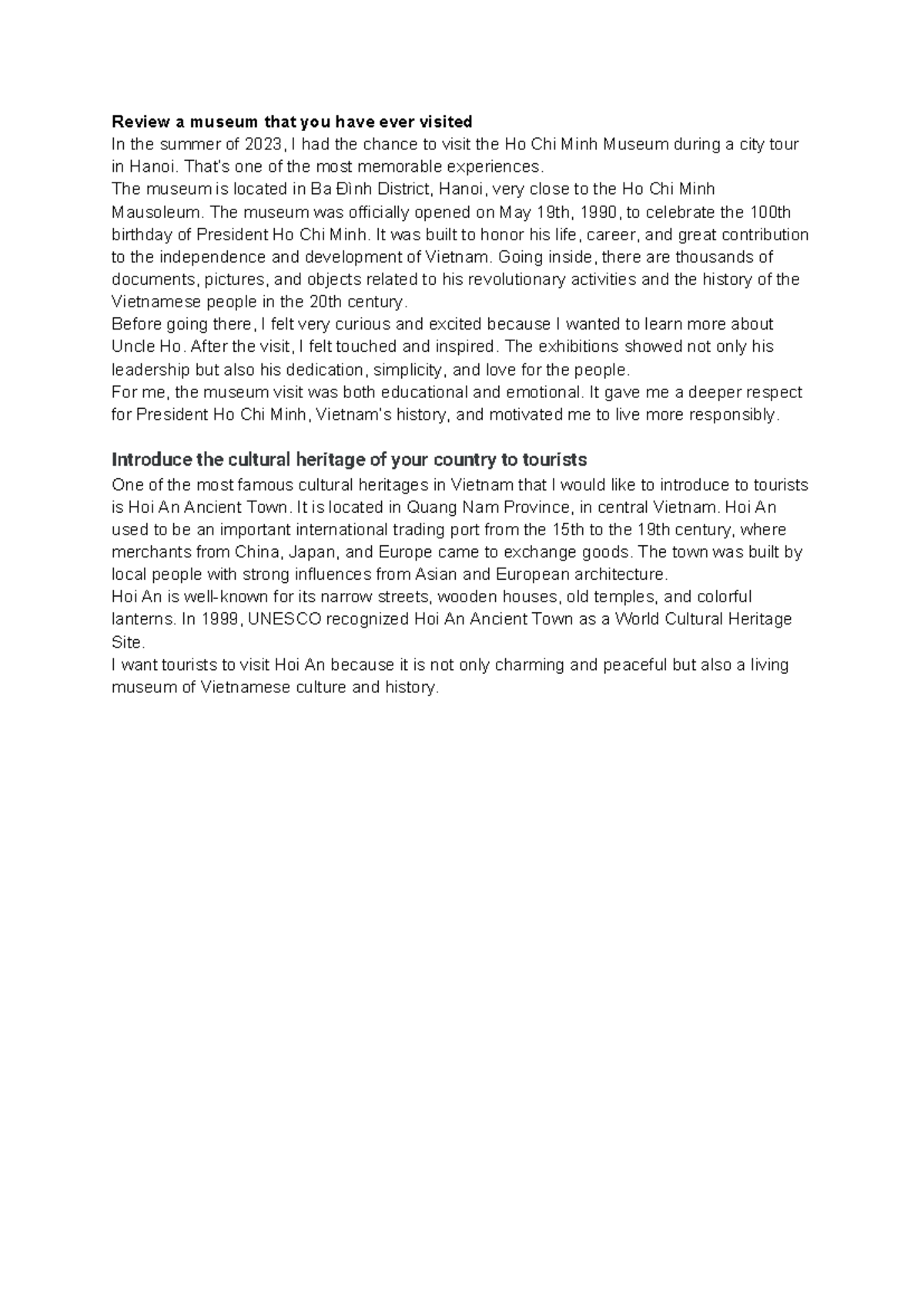 Writing U7: Review of Ho Chi Minh Museum & Hoi An Heritage - Studocu