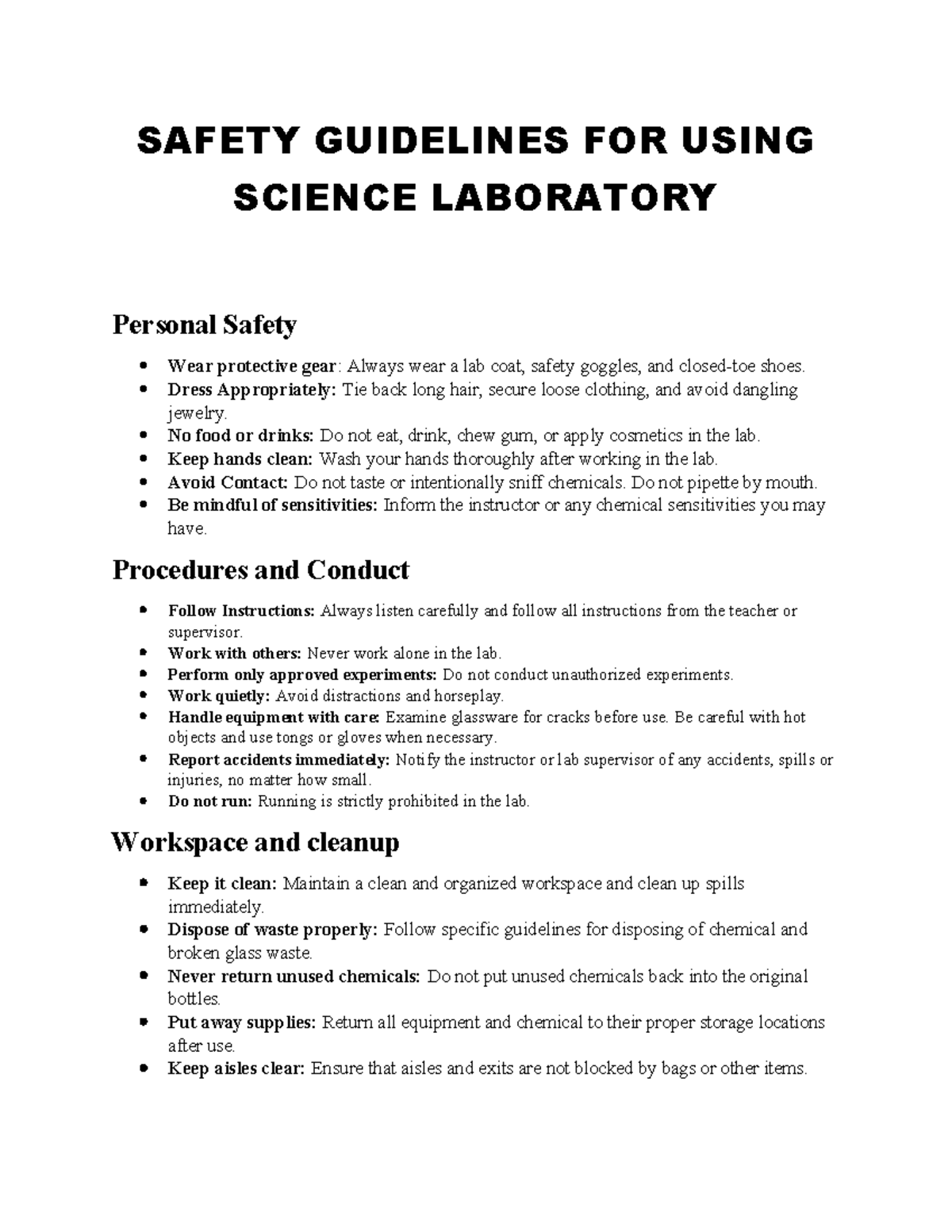 SAFETY GUIDELINES FOR SCIENCE LAB (SCI 101) - Studocu