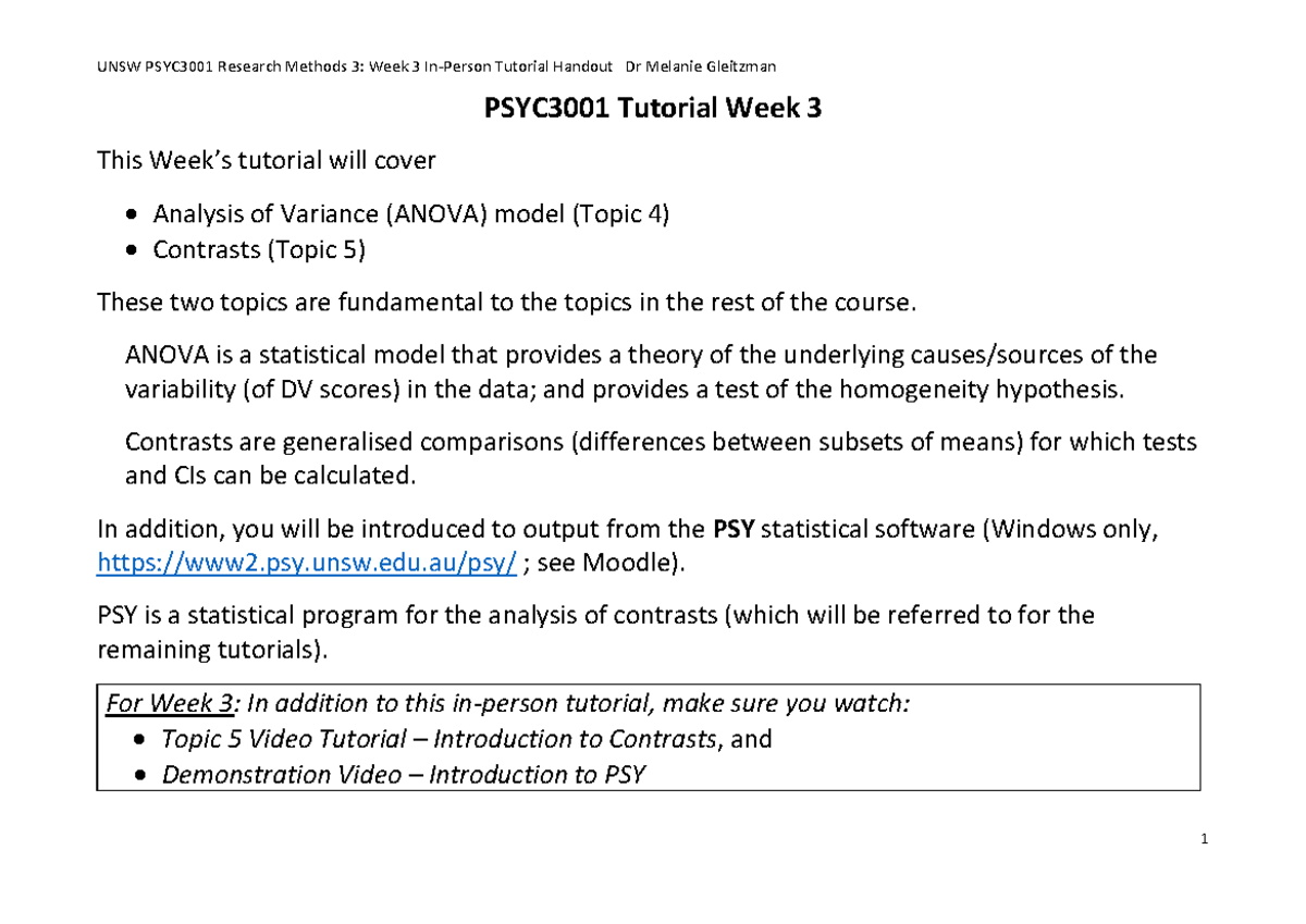 PSYC3001 Week 3 Tutorial Summary: ANOVA & Contrasts Analysis - Studocu
