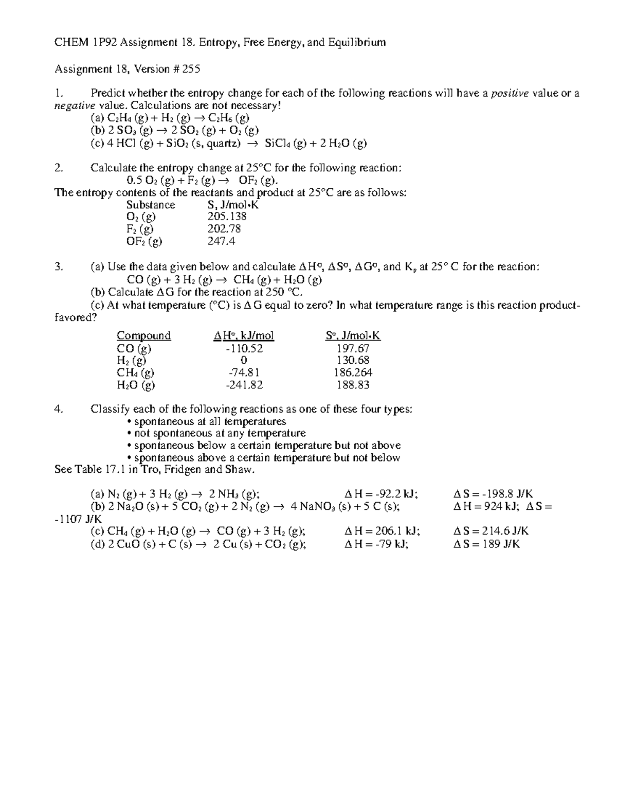 CHEM 1P92 Assignment 18: Entropy, Free Energy & Equilibrium - Studocu
