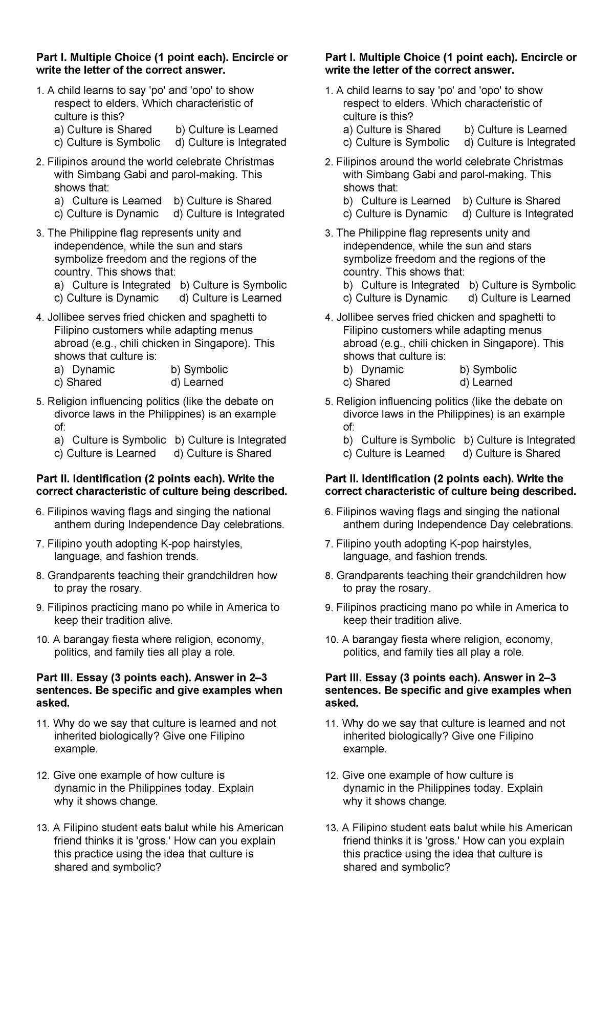 Culture Quiz (Part I & II) - MCQs & Essay Questions - Studocu