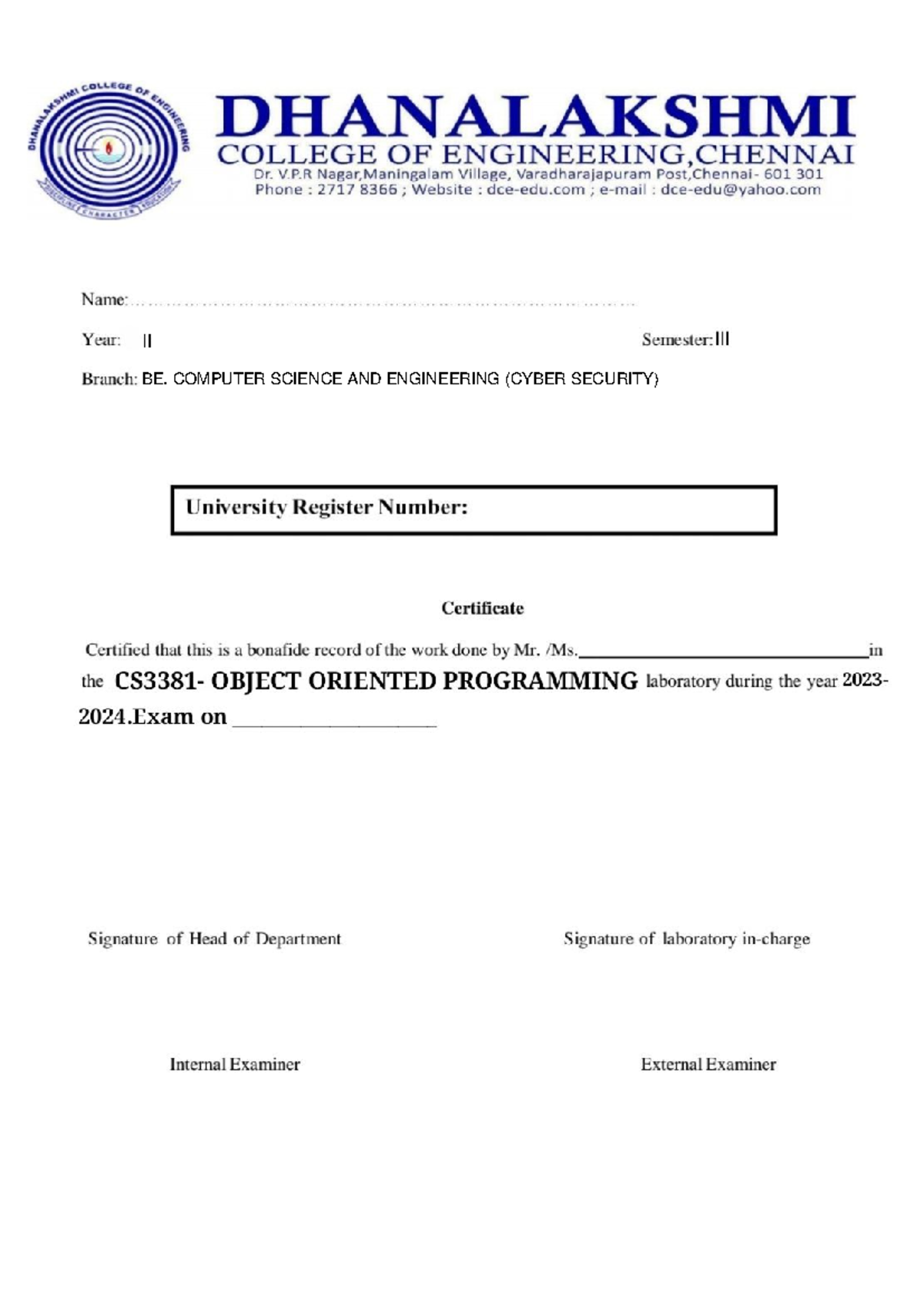 CS3381 OOPS LAB Record: Experiments in Object Oriented Programming ...