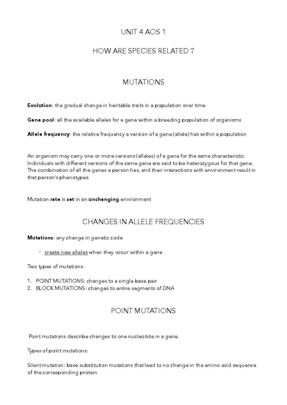 Biology 2021: Unit 4 AOS 1 Summary Notes on Mutations & Natural ...