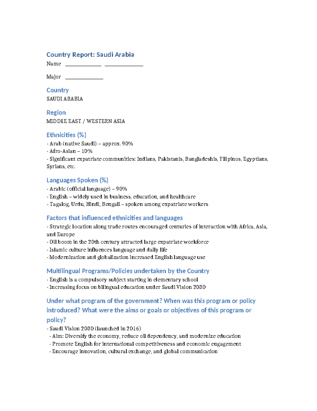 Saudi Arabia Country Report: Ethnicities, Languages & Vision 2030 - Studocu