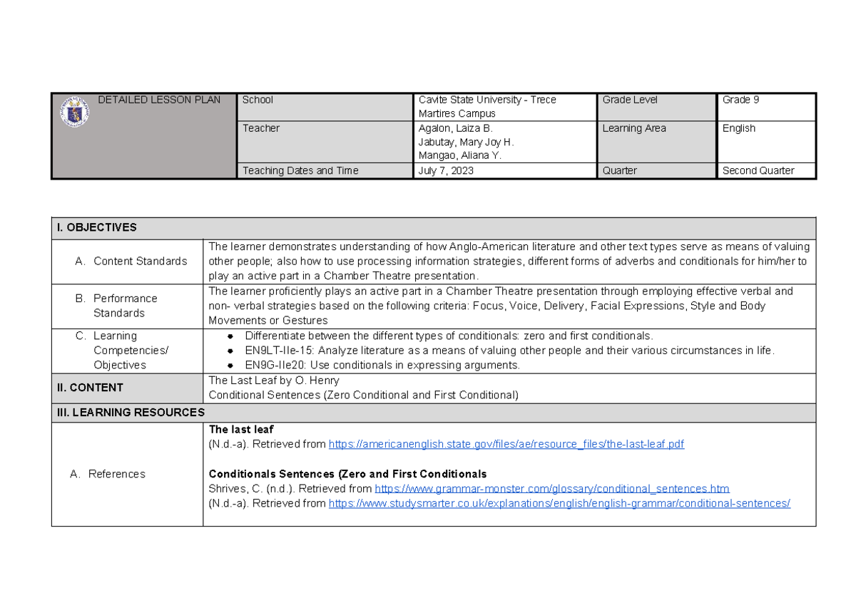 Lesson Plan: Final Group 4 on Conditional Sentences & "The Last Leaf ...