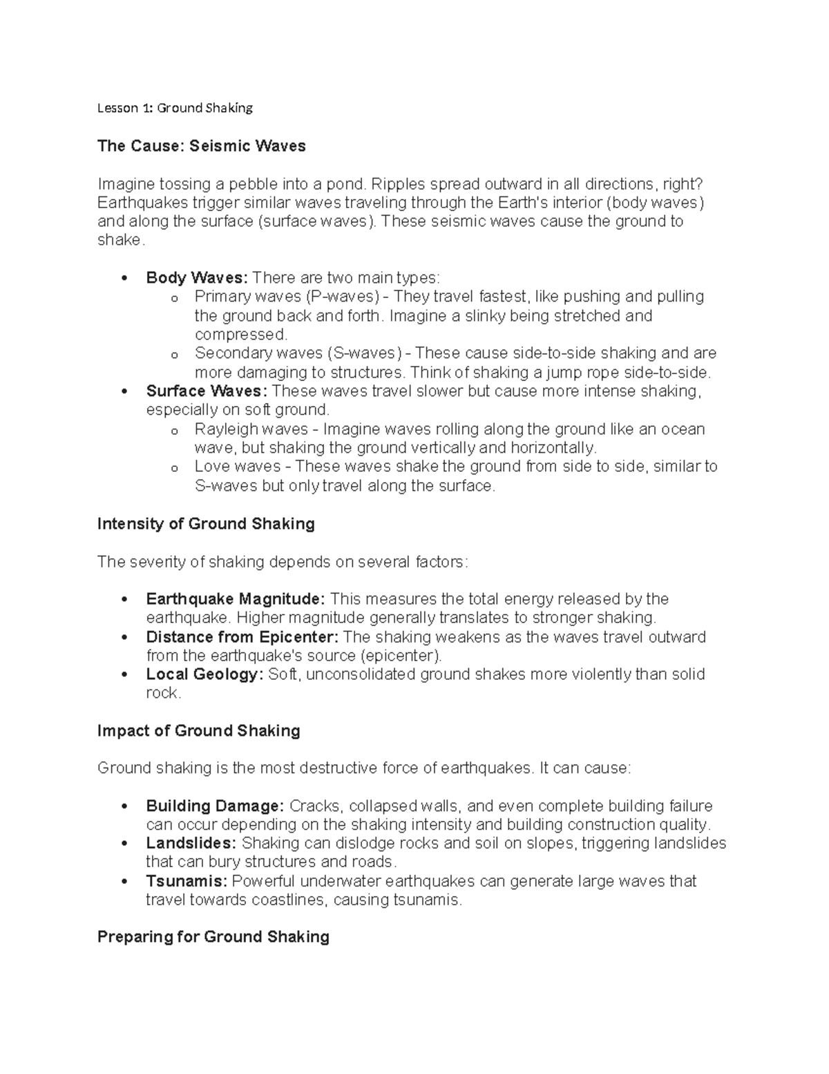 1 - Lesson Notes: Understanding Ground Shaking and Seismic Waves - Studocu