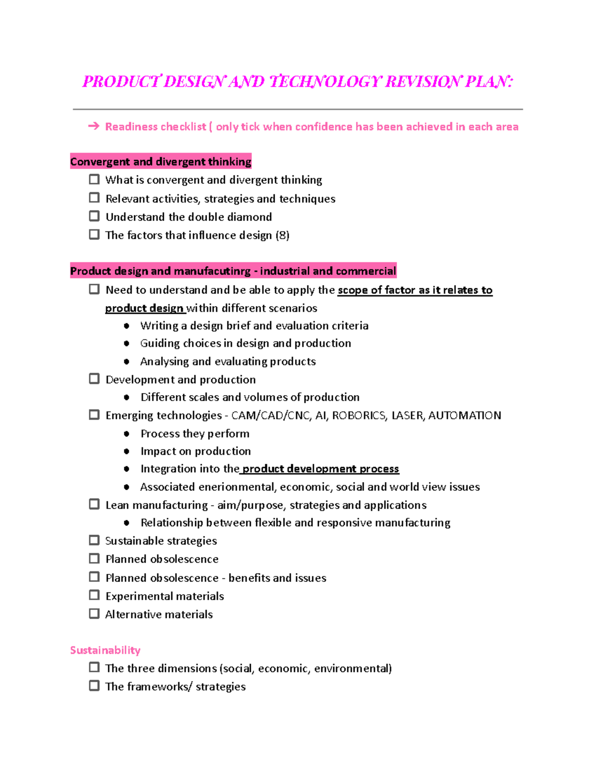 PRODUCT DESIGN AND TECHNOLOGY REVISION PLAN: Readiness Checklist - Studocu