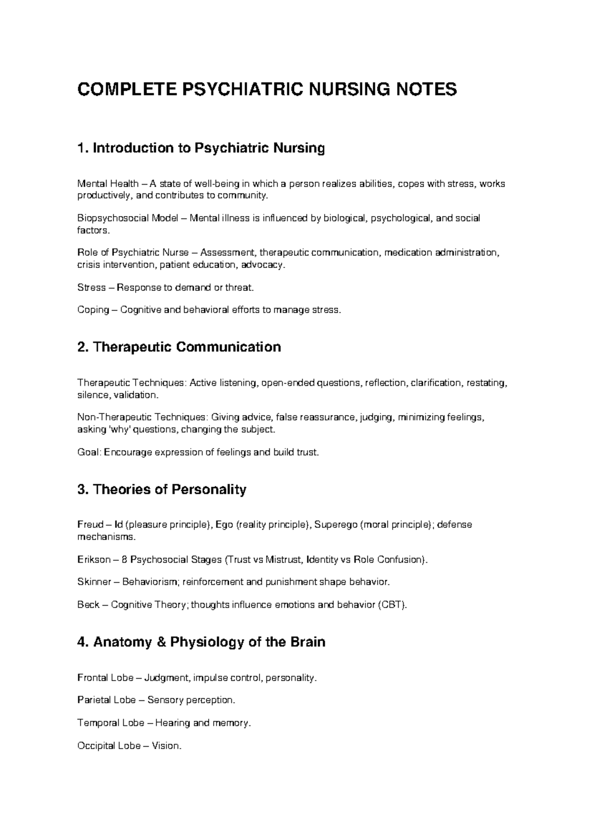 PSY 101: Comprehensive Psychiatric Nursing Notes and Concepts - Studocu