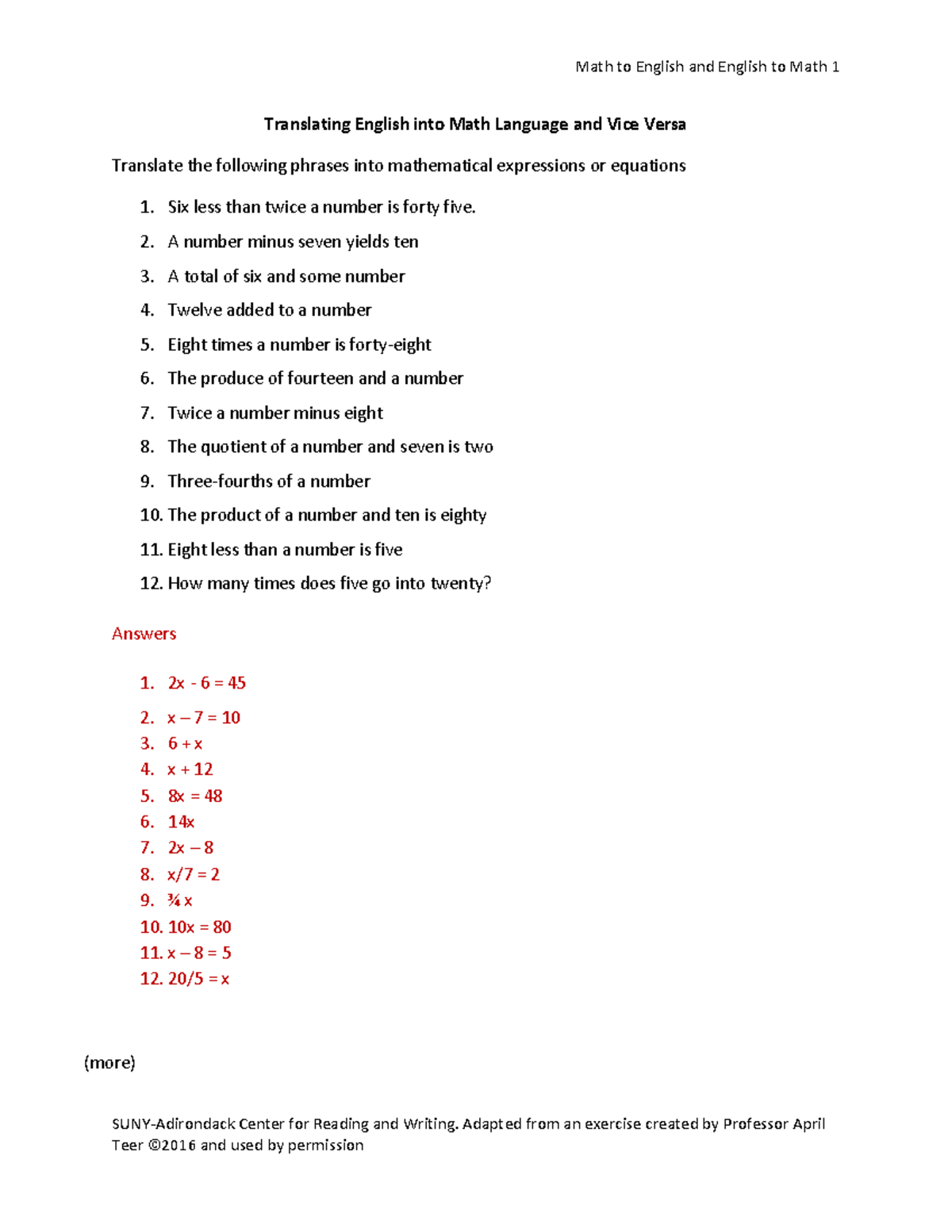 ENG 101: Translating English to Math Expressions and Equations - Studocu