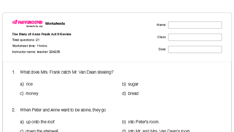 The Diary of Anne Frank Act II Review Worksheet - Studocu